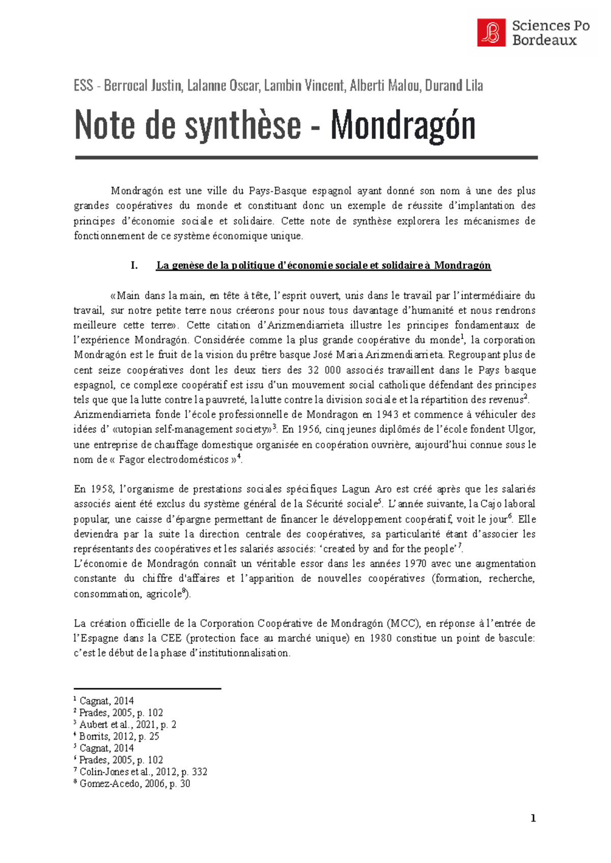 Note de synthèse - Mondragón - ESS - Berrocal Justin, Lalanne Oscar ...