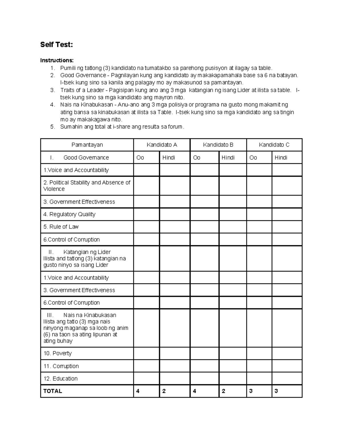 Answer - This is for mapanuring botante - Self Test: Instructions: 1 ...