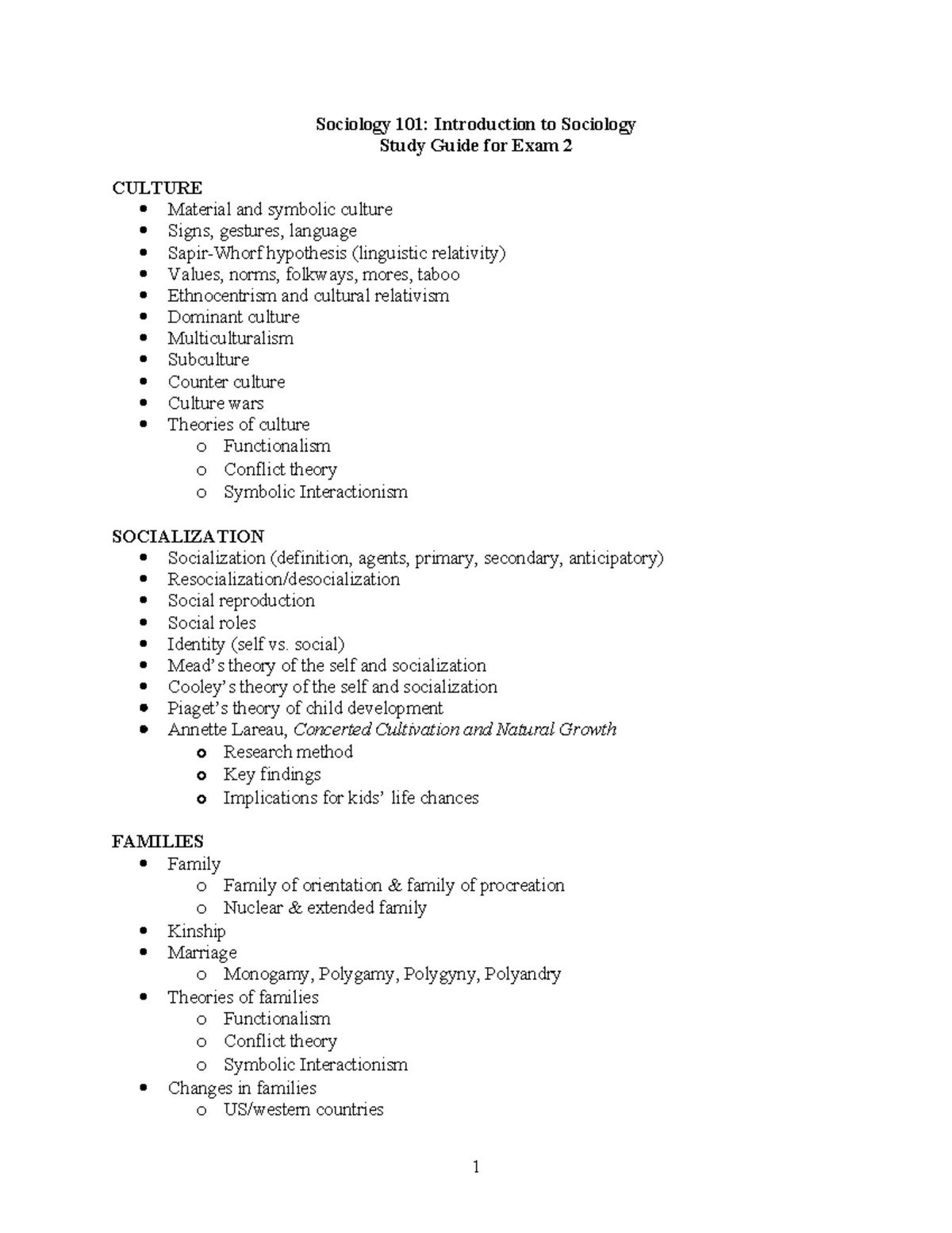 Sociology 101: Study Guide for Exam 2 on Culture, Socialization ...
