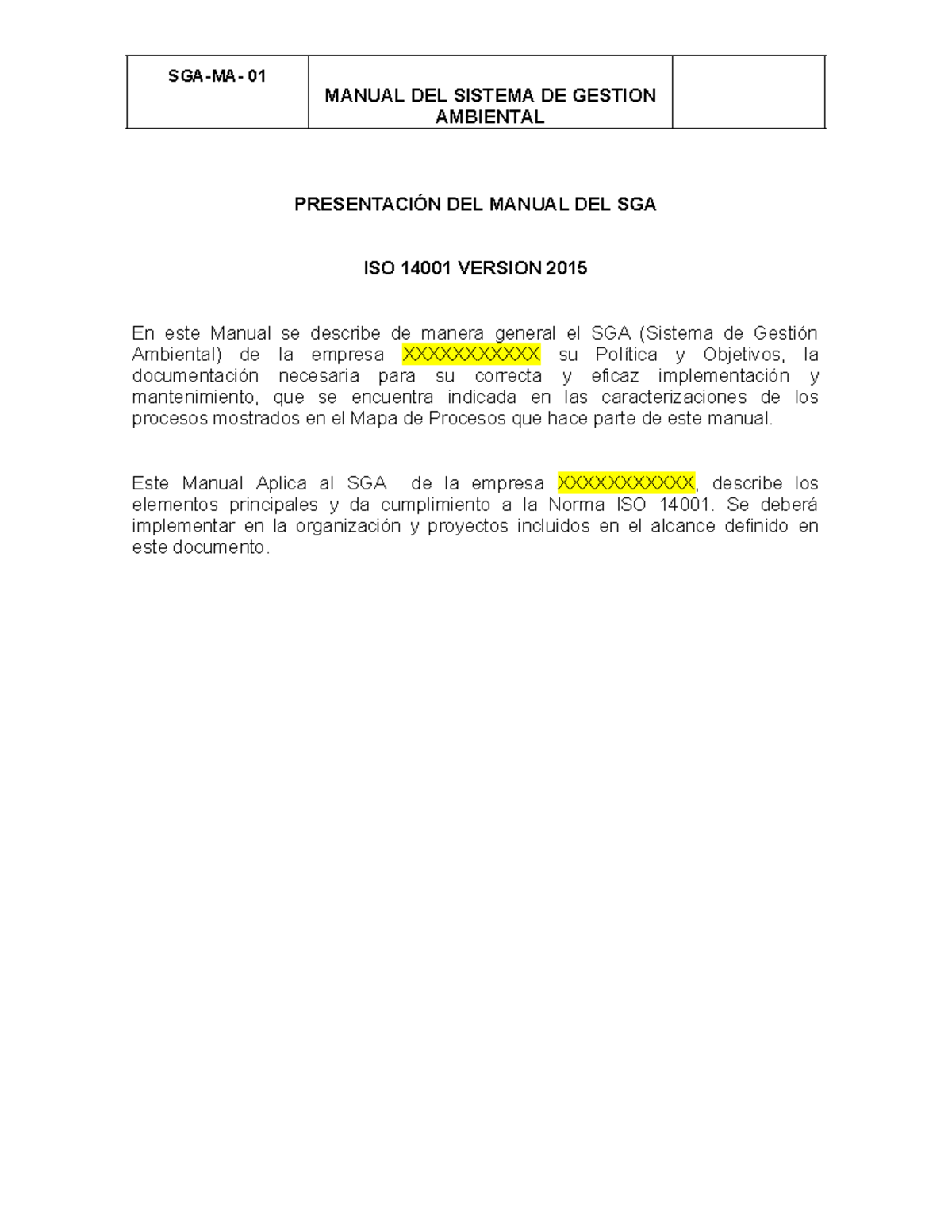 01 MANUAL DEL SGA ISO 14001:2015 - Gestión Ambiental y Políticas - Studocu