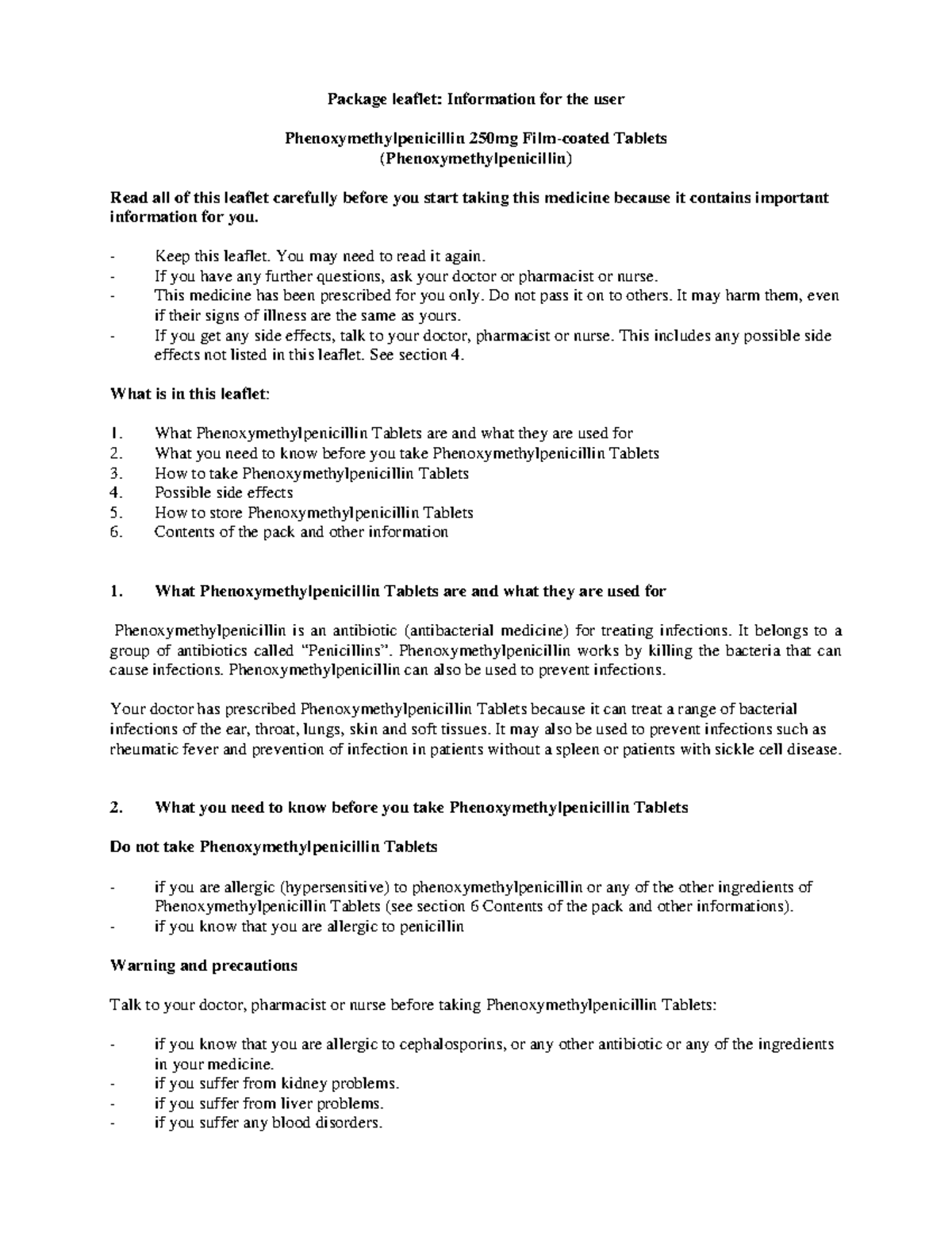 Package Leaflet: User Information for Phenoxymethylpenicillin 250mg ...