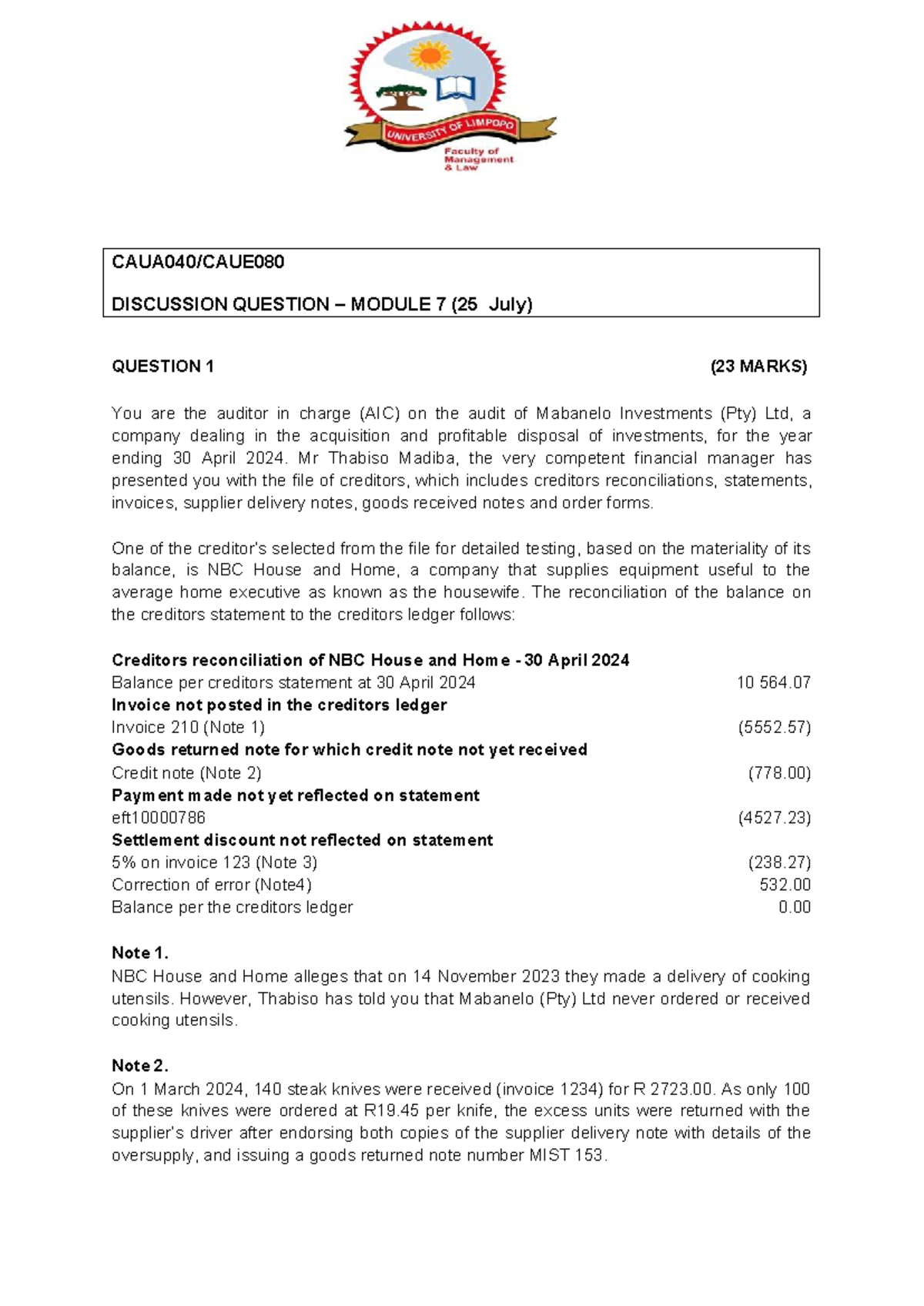 Module 7 Discussion Question: Audit Procedures for NBC House and Home ...