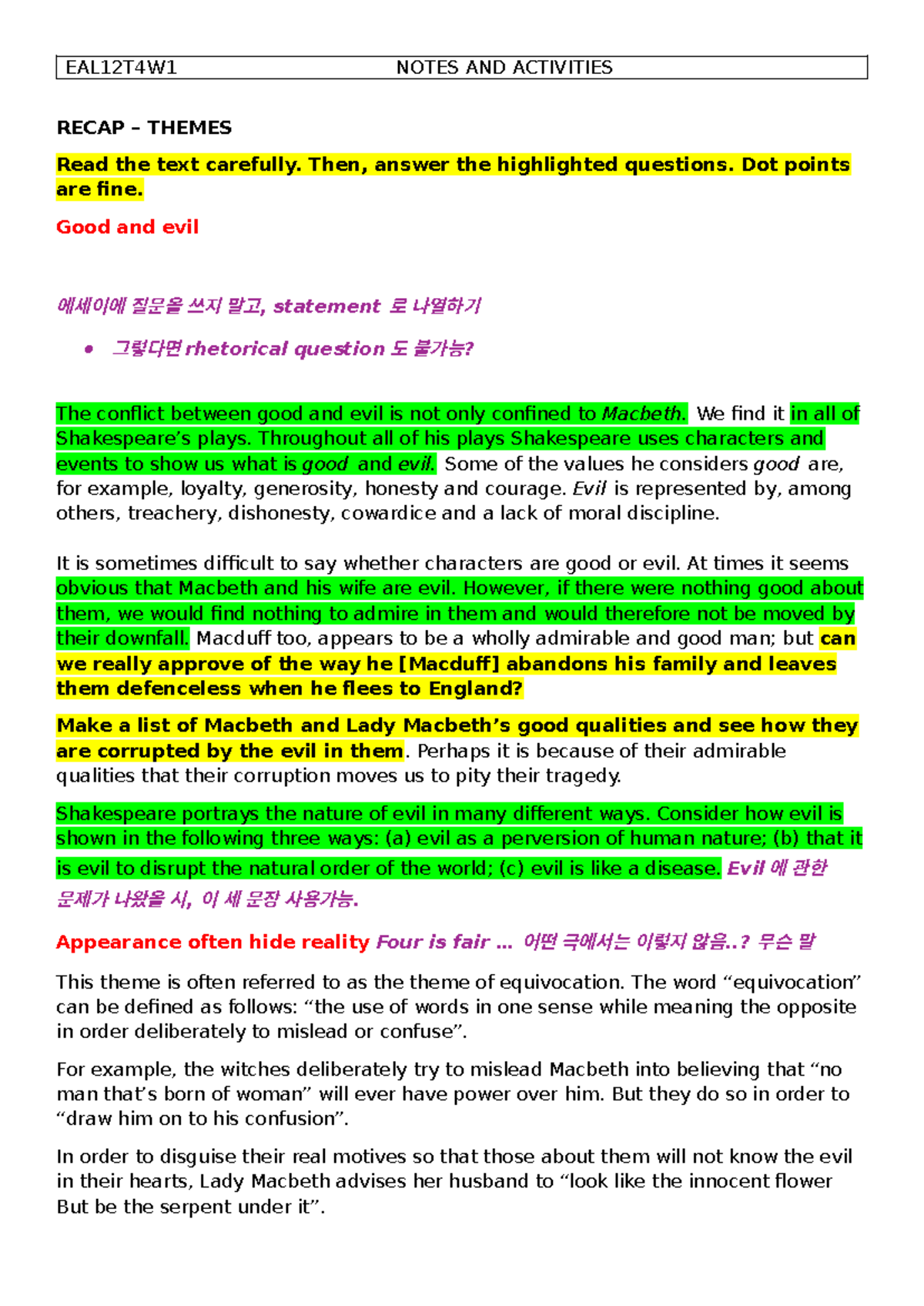 EAL12T4W1 Final Exam Notes: Themes of Good and Evil in Macbeth - Studocu