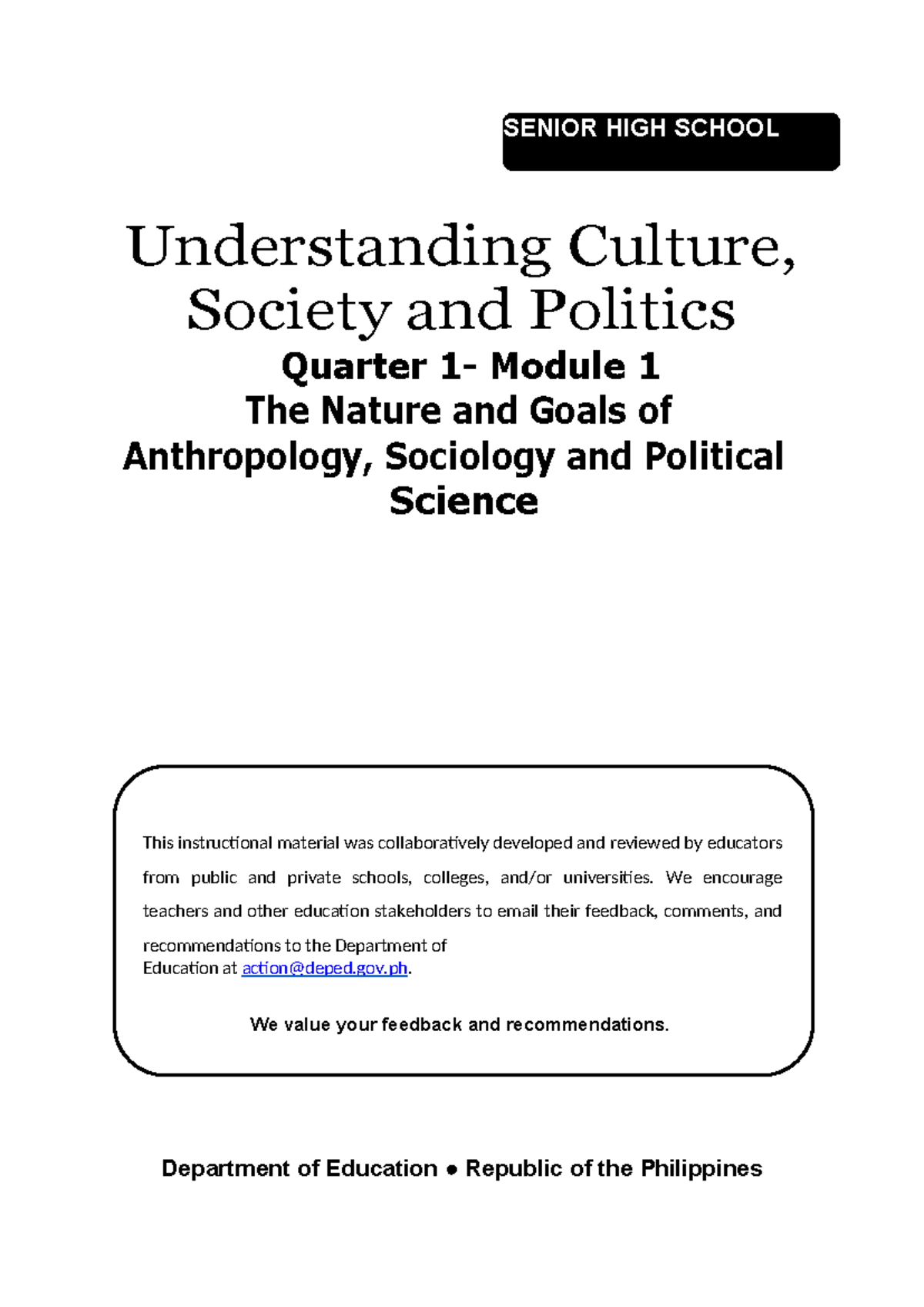 UCSP Module 1: Understanding Culture, Society & Politics in SHS - Studocu