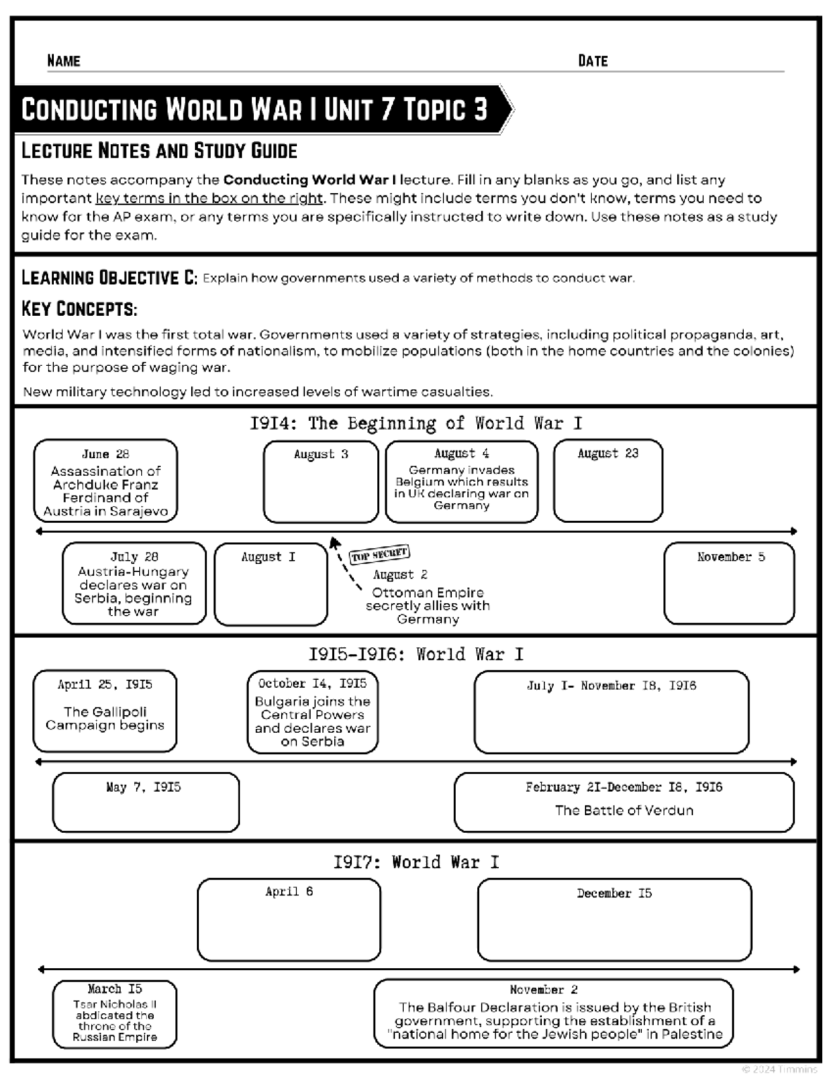 Conducting World War I: Unit 7 Topic 3 Lecture Notes & Study Guide ...