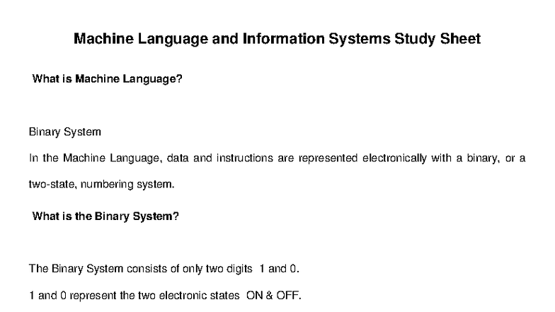 Machine Language & Info Systems Study Sheet (CS101) - Studocu