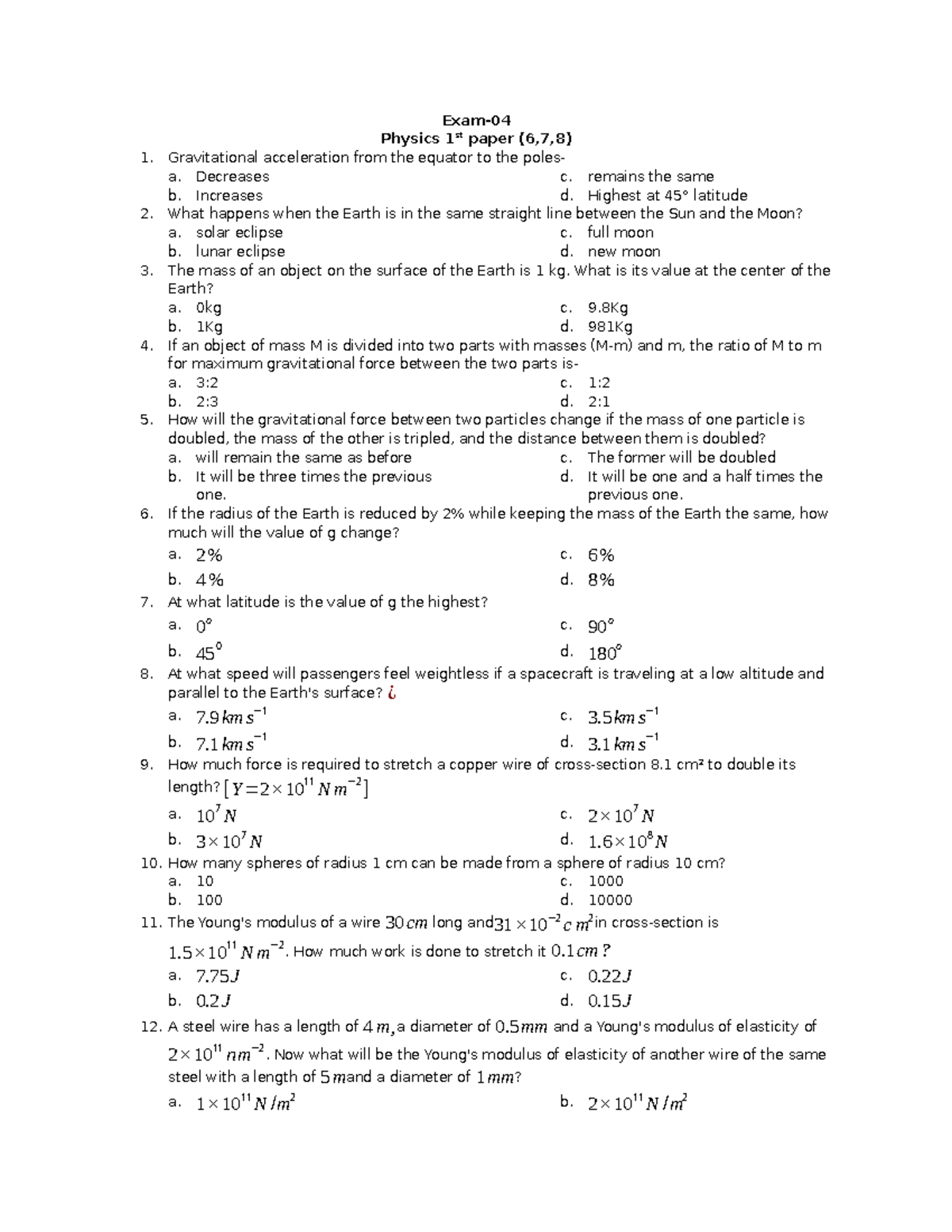Physics 1st Paper (678) Exam: Gravitational Forces & Motion Concepts ...