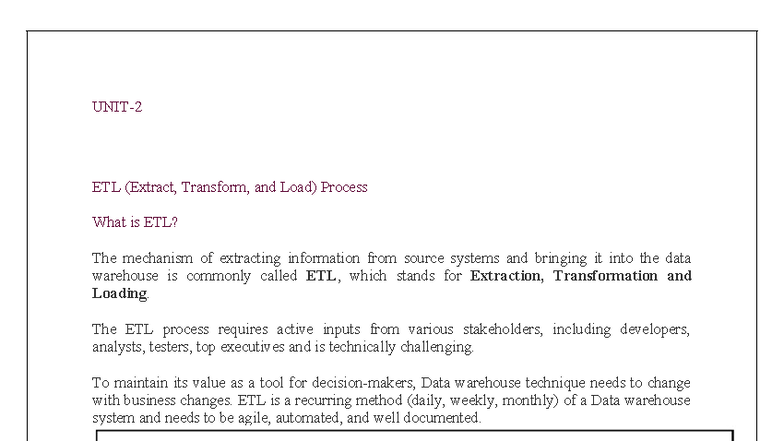 ETL Process Overview: Key Concepts and Techniques (Unit-2) - Studocu