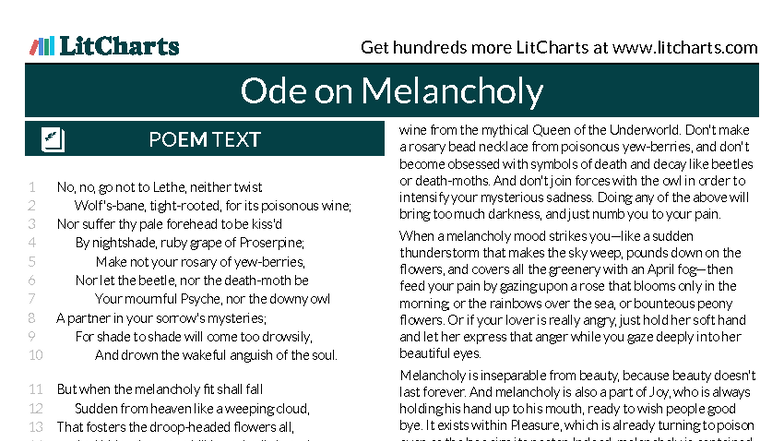 LitCharts Study Guide: Ode on Melancholy Analysis - Studocu