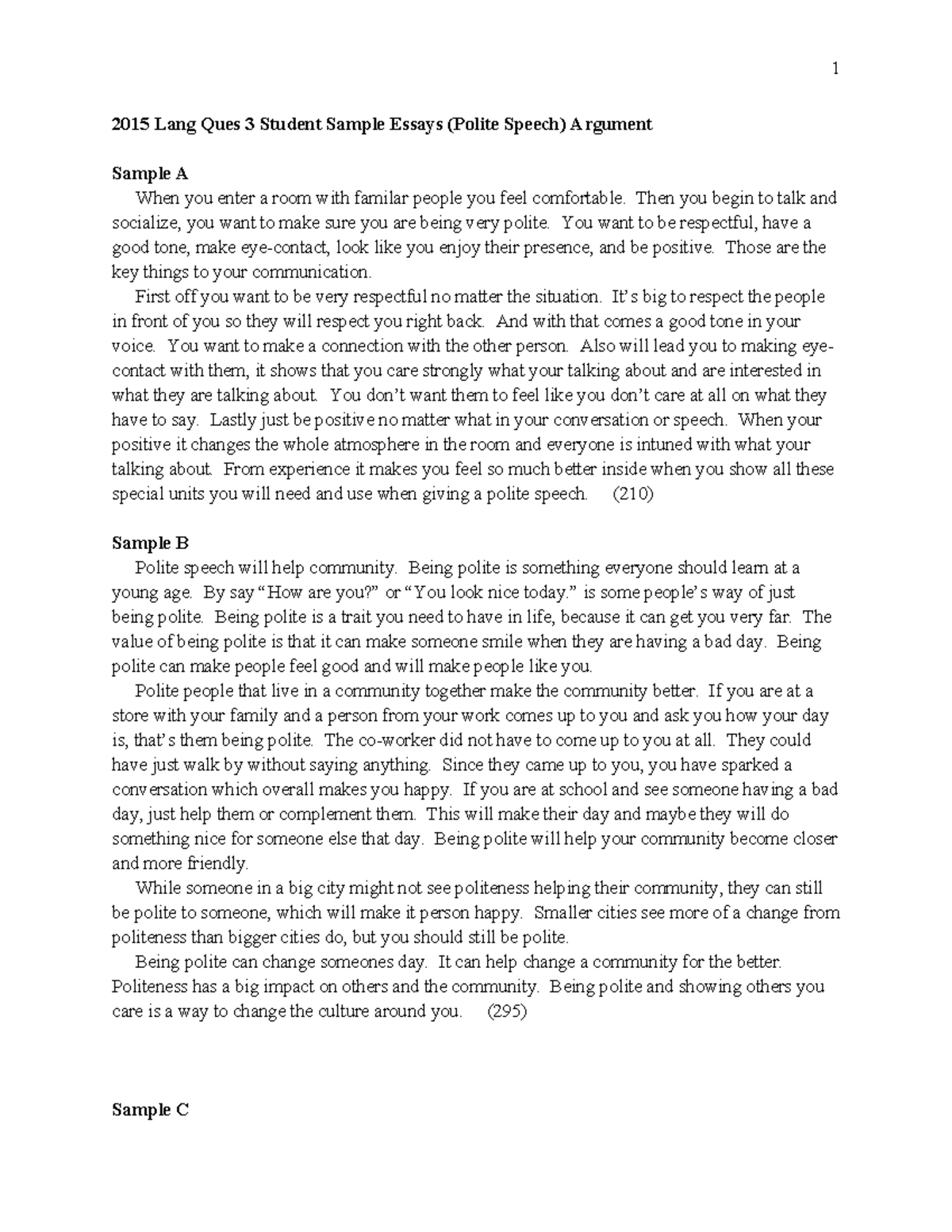 2015 Lang Ques 3 Argument Essays on Polite Speech - Sample Responses ...
