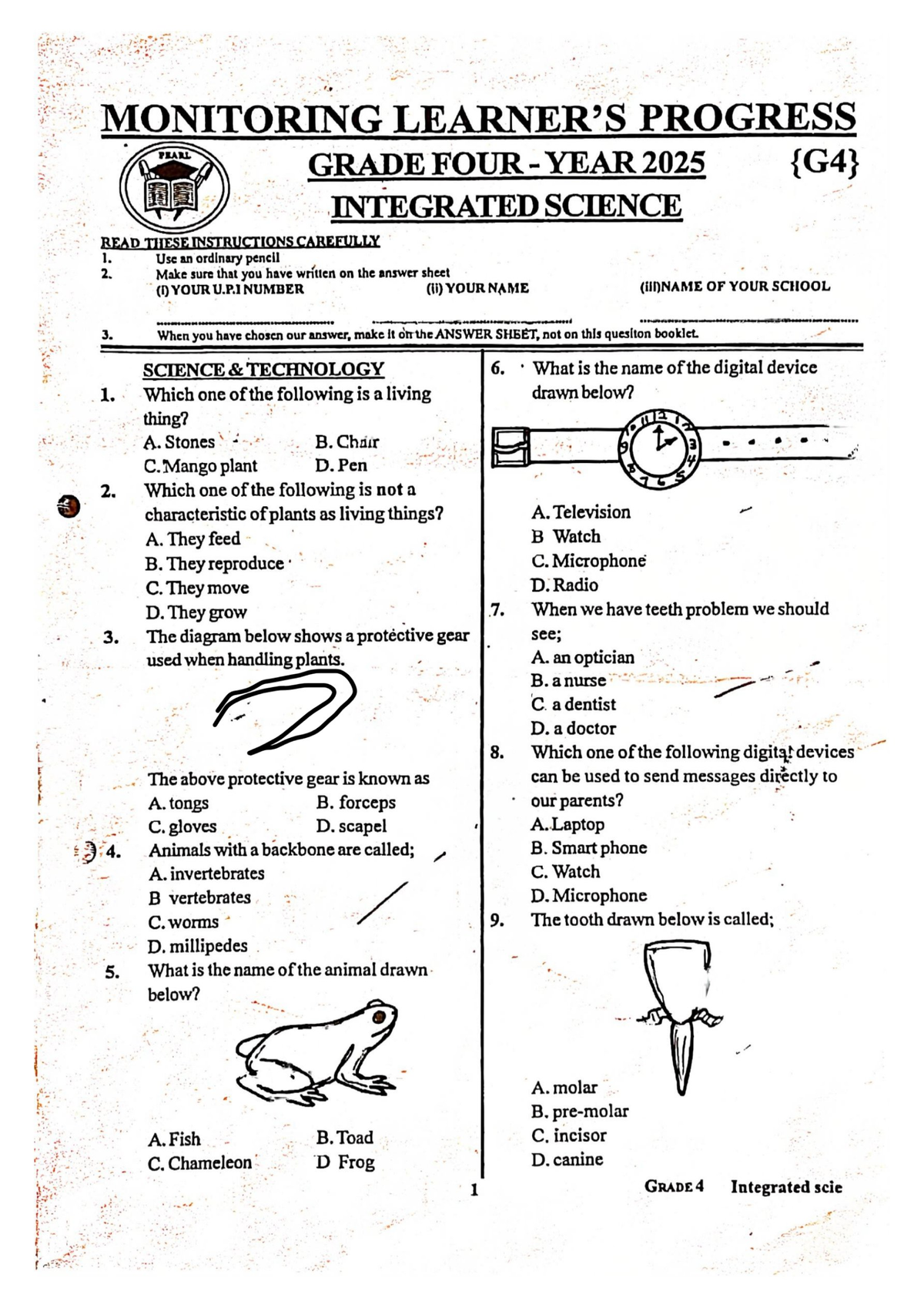 GRADE 4 Integrated Science Exam Instructions and Questions - Studocu