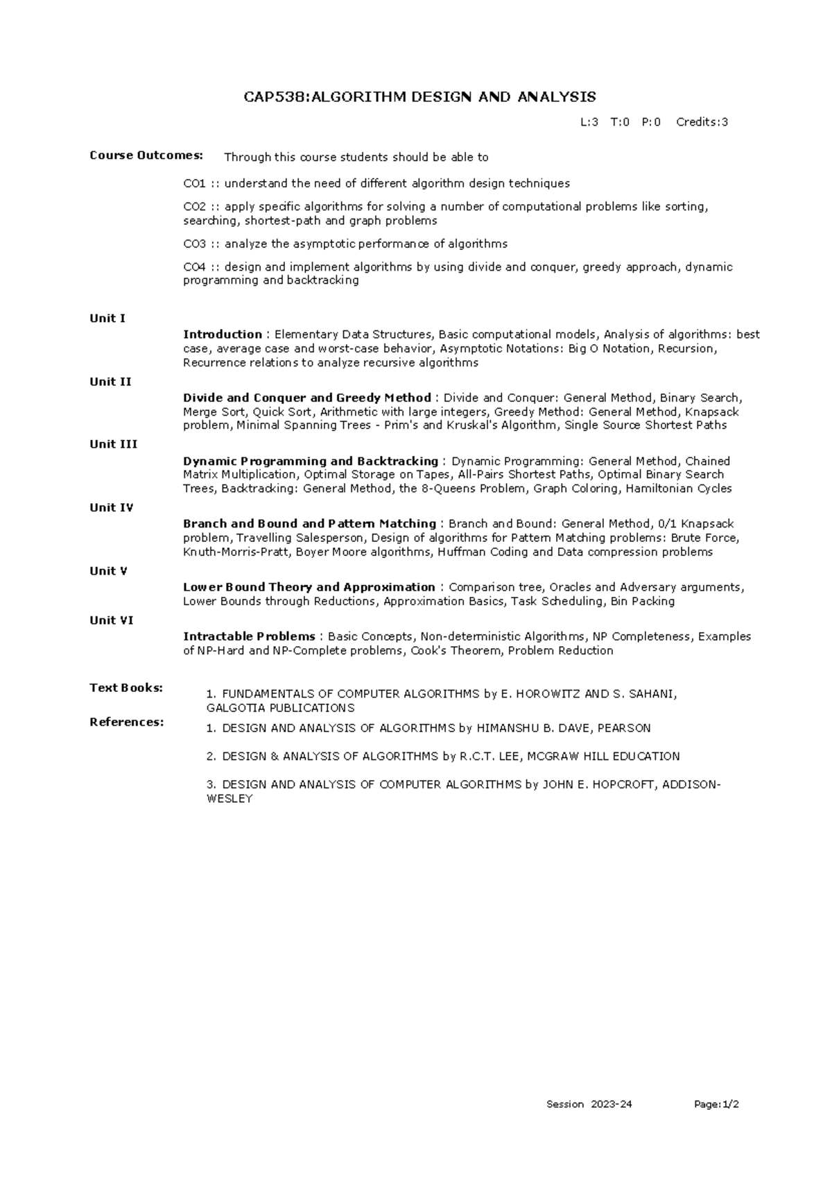 CAP538: Syllabus for Algorithm Design and Analysis Course 2023-24 - Studocu