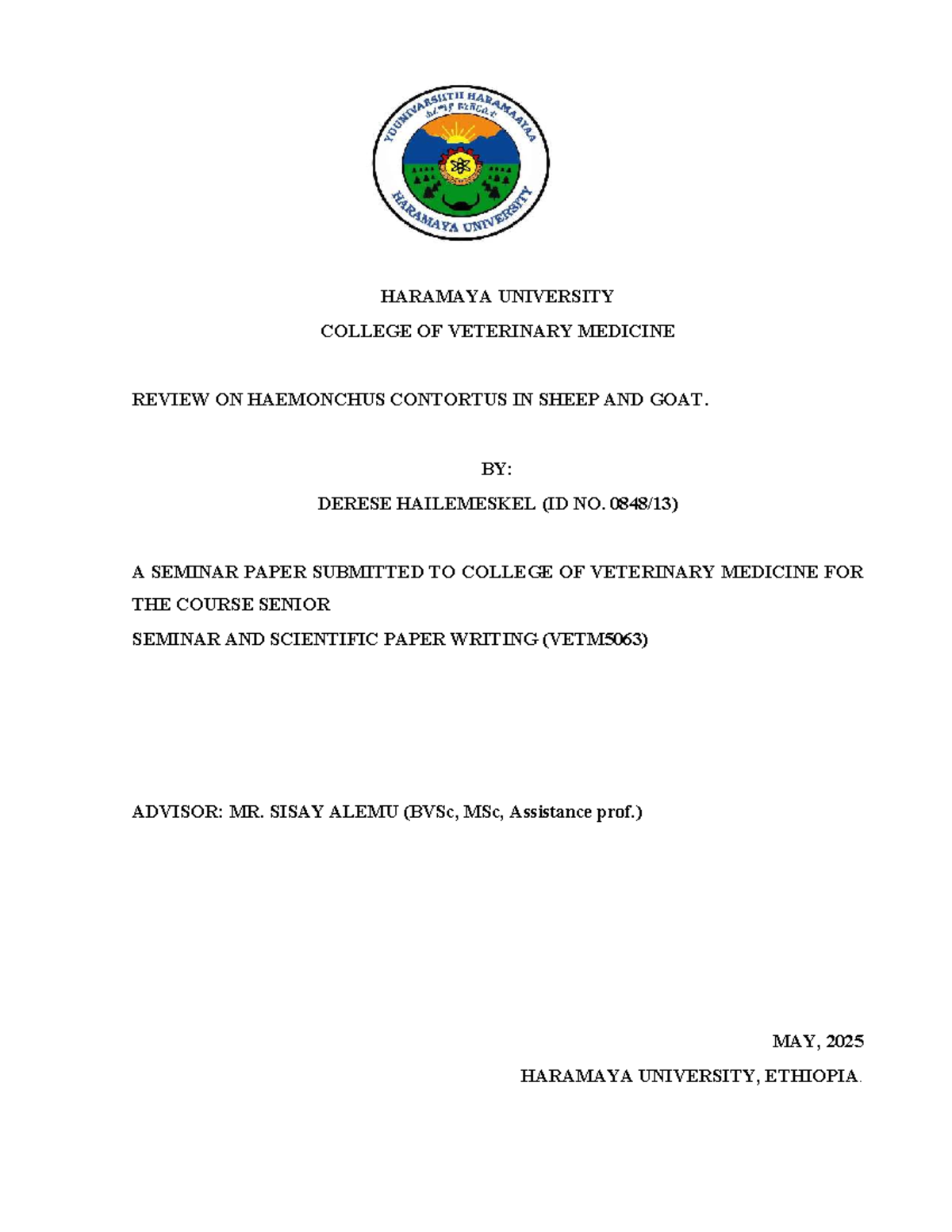 Review on Haemonchus contortus in Sheep and Goats - VETM5063 Seminar ...