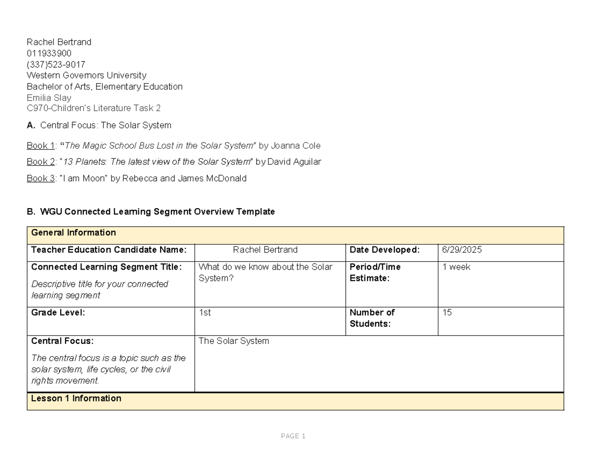 WGU 011933900 Task 2: Exploring the Solar System in 1st Grade - Studocu