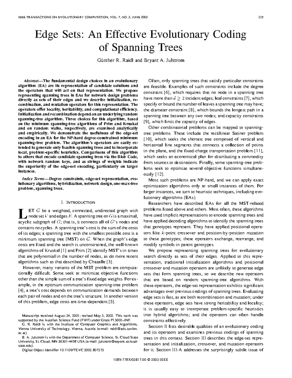 Raidl 2003 - yo mate sunny innit - IEEE TRANSACTIONS ON EVOLUTIONARY ...