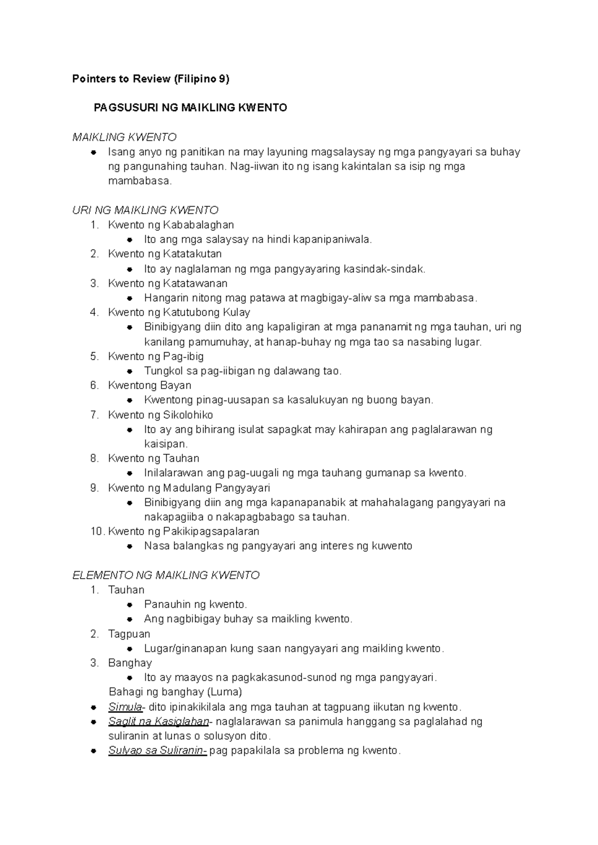 Grade 9 Filipino Reviewer: Maikling Kwento, Dula, at Sanaysay - Studocu