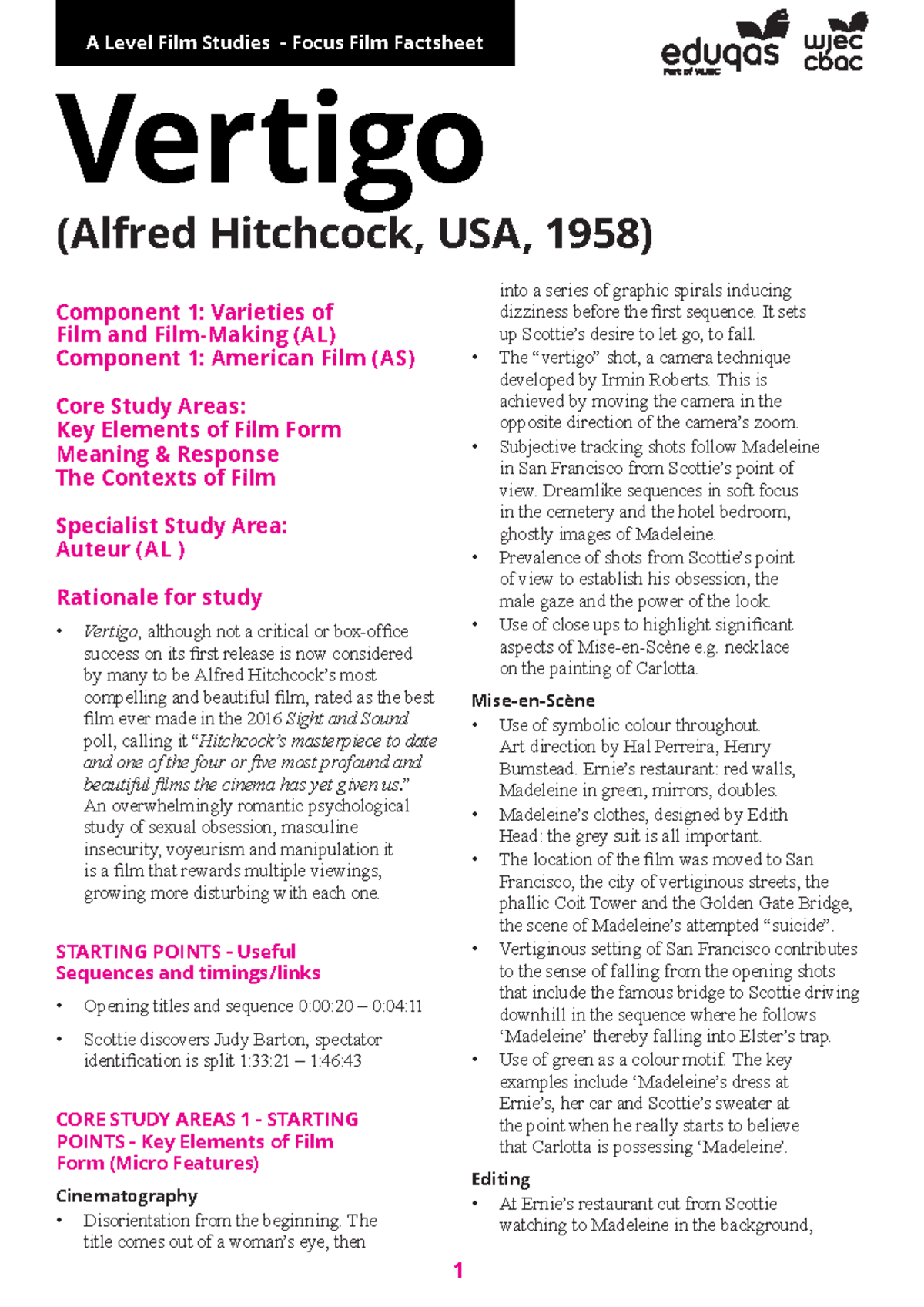 A Level Film Studies (AL): Vertigo - Comprehensive Focus Notes - Studocu