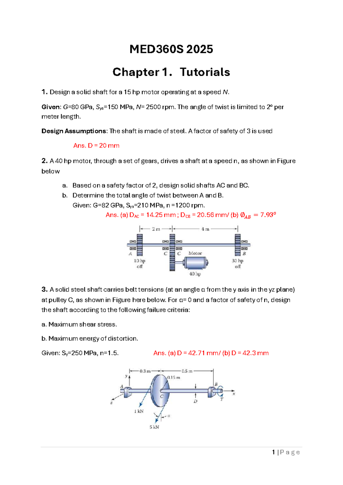 MED360S 2025 Chapter 1 Tutorial: Solid Shaft Design Problems - Studocu