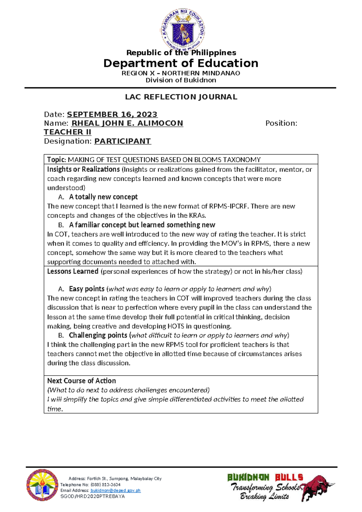 LAC Reflection Journal on RPMS-PPST - September 2023 - Studocu