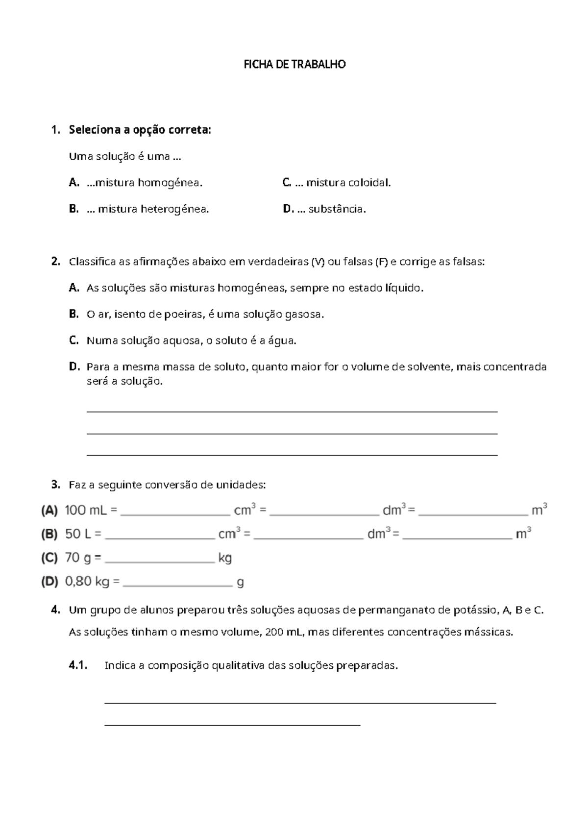 Ficha Física e Química 7º Ano: Soluções e Concentração Mássica - Studocu