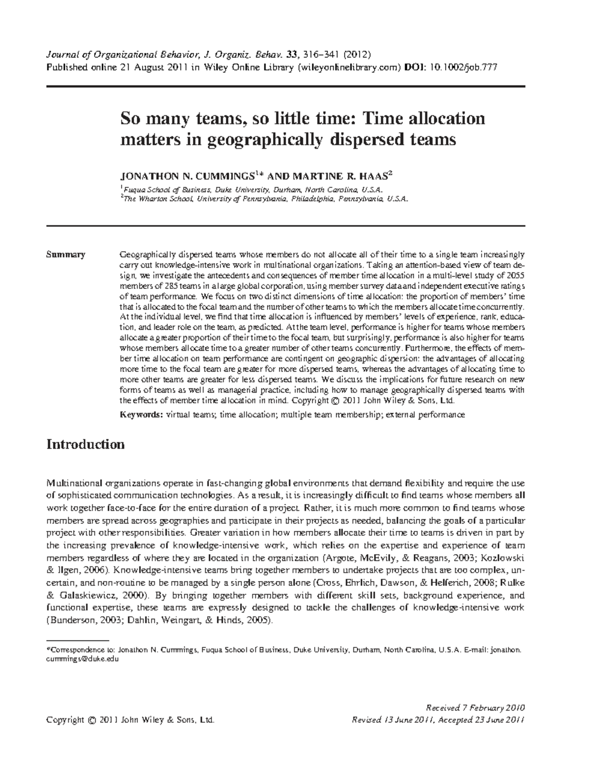 Member Time Allocation in Geographically Dispersed Teams: Insights from ...