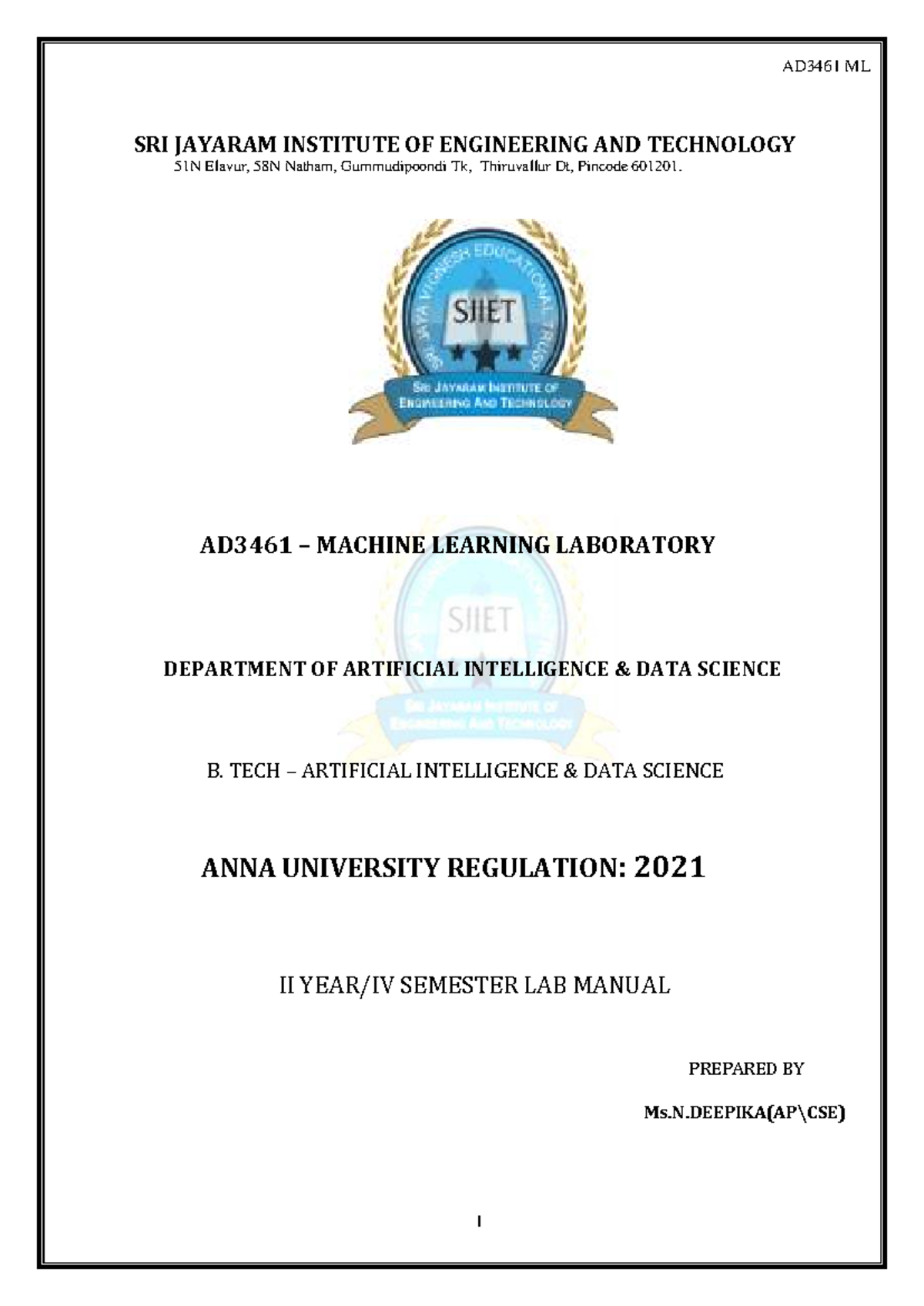 AD3461 Machine Learning Laboratory Manual - Anna University - Studocu