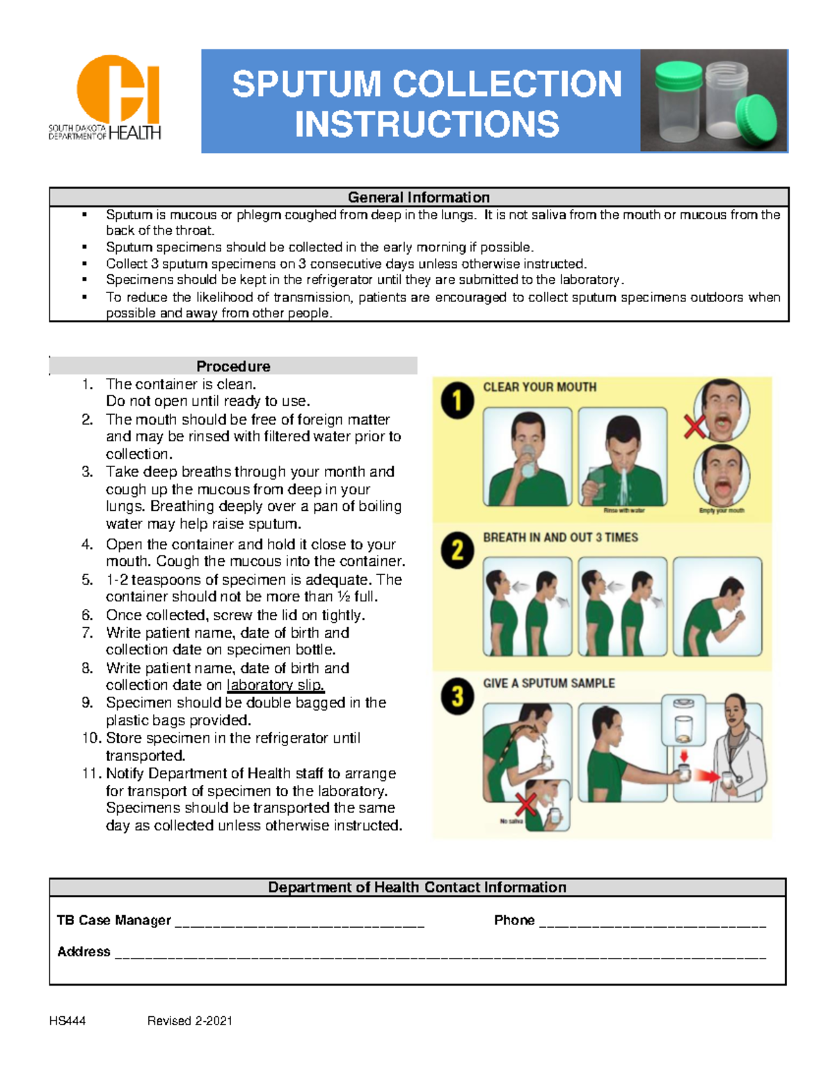 Sputum collection instructions hs444 - SPUTUM COLLECTION INSTRUCTIONS ...