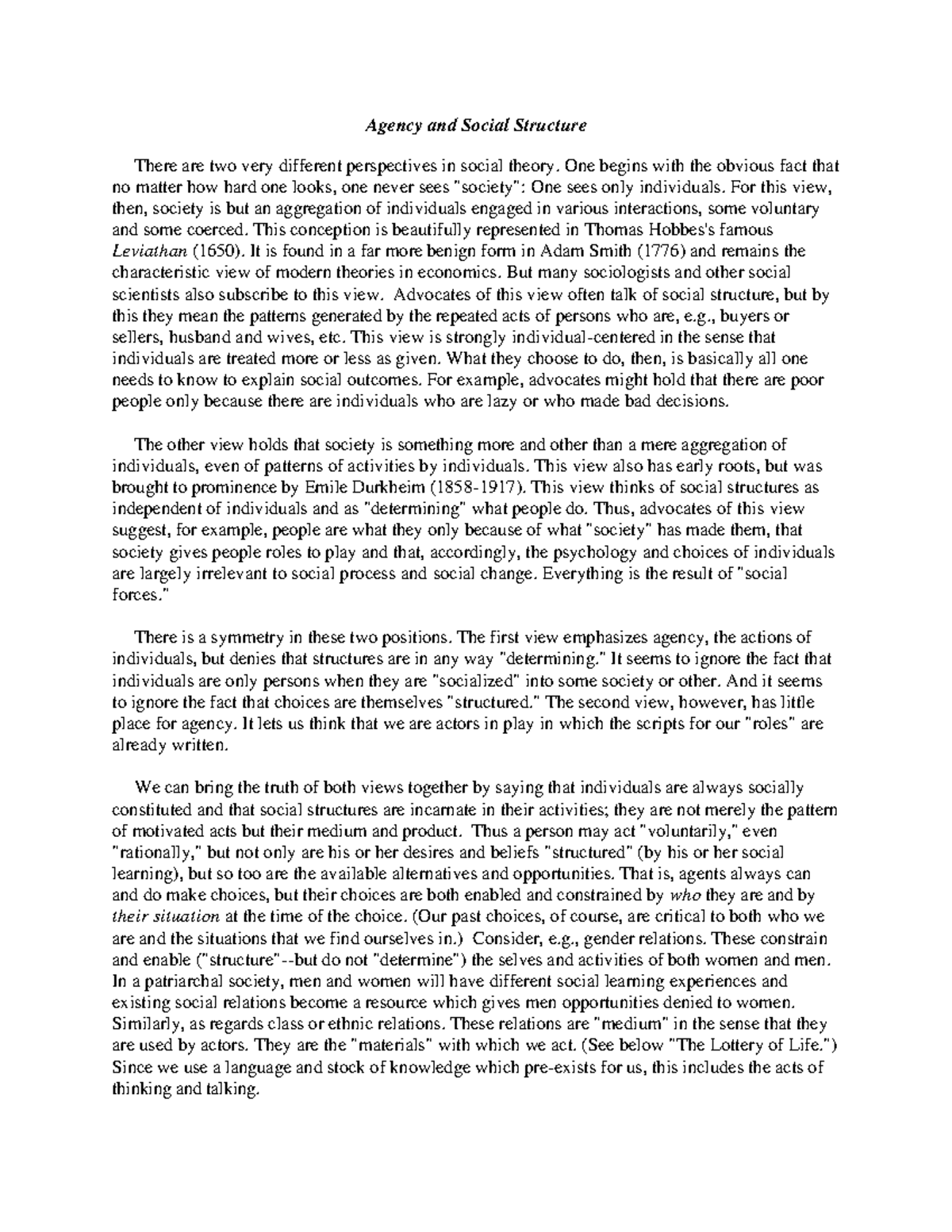 Social Theory Perspectives: Agency vs. Structure in Society - Studocu