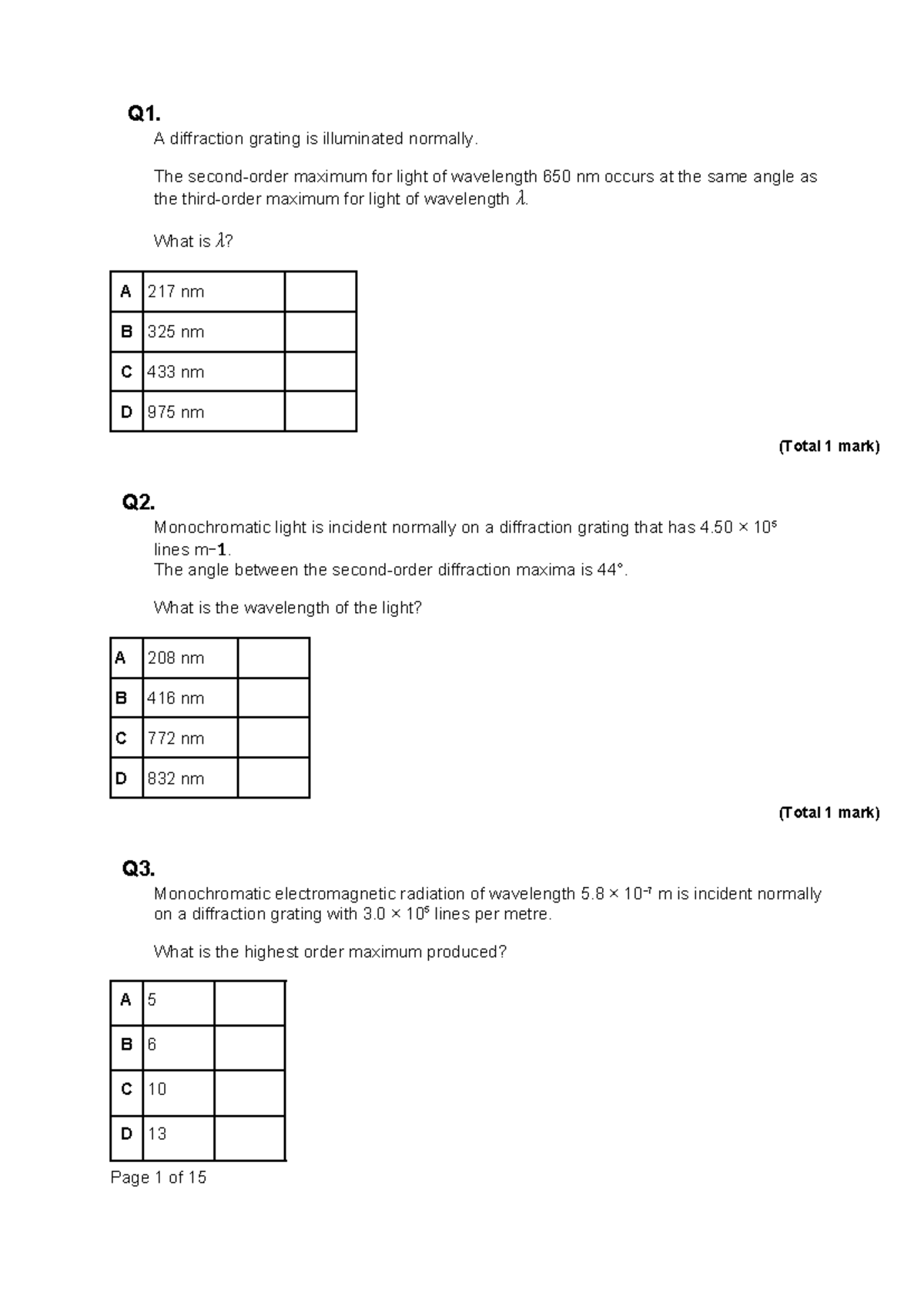 Diffraction Grating Questions and Solutions for Physics 101 Exam - Studocu