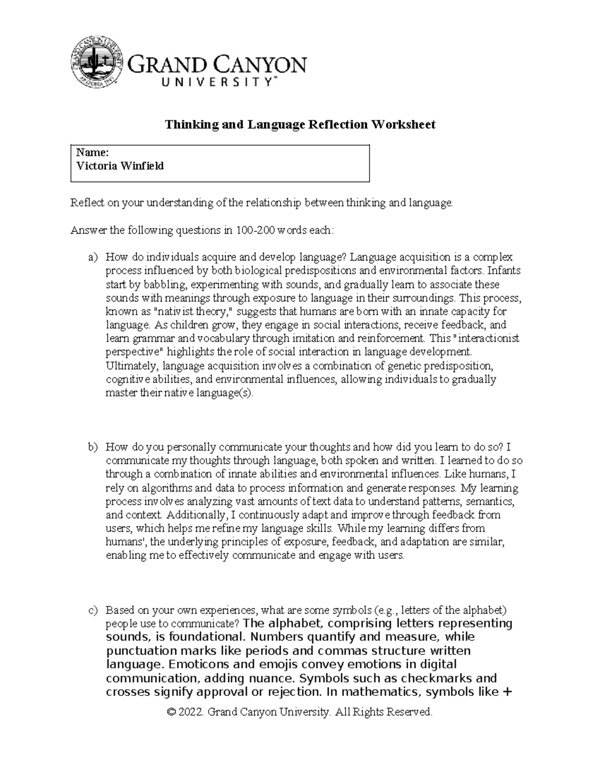 Thinkingand Language Reflection Worksheet - Thinking and Language ...