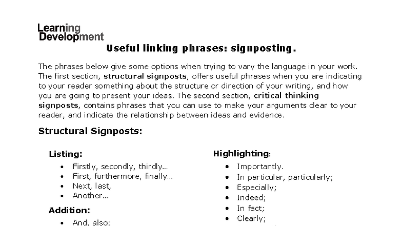 Useful Linking Phrases: Signposting for Effective Writing - Studocu