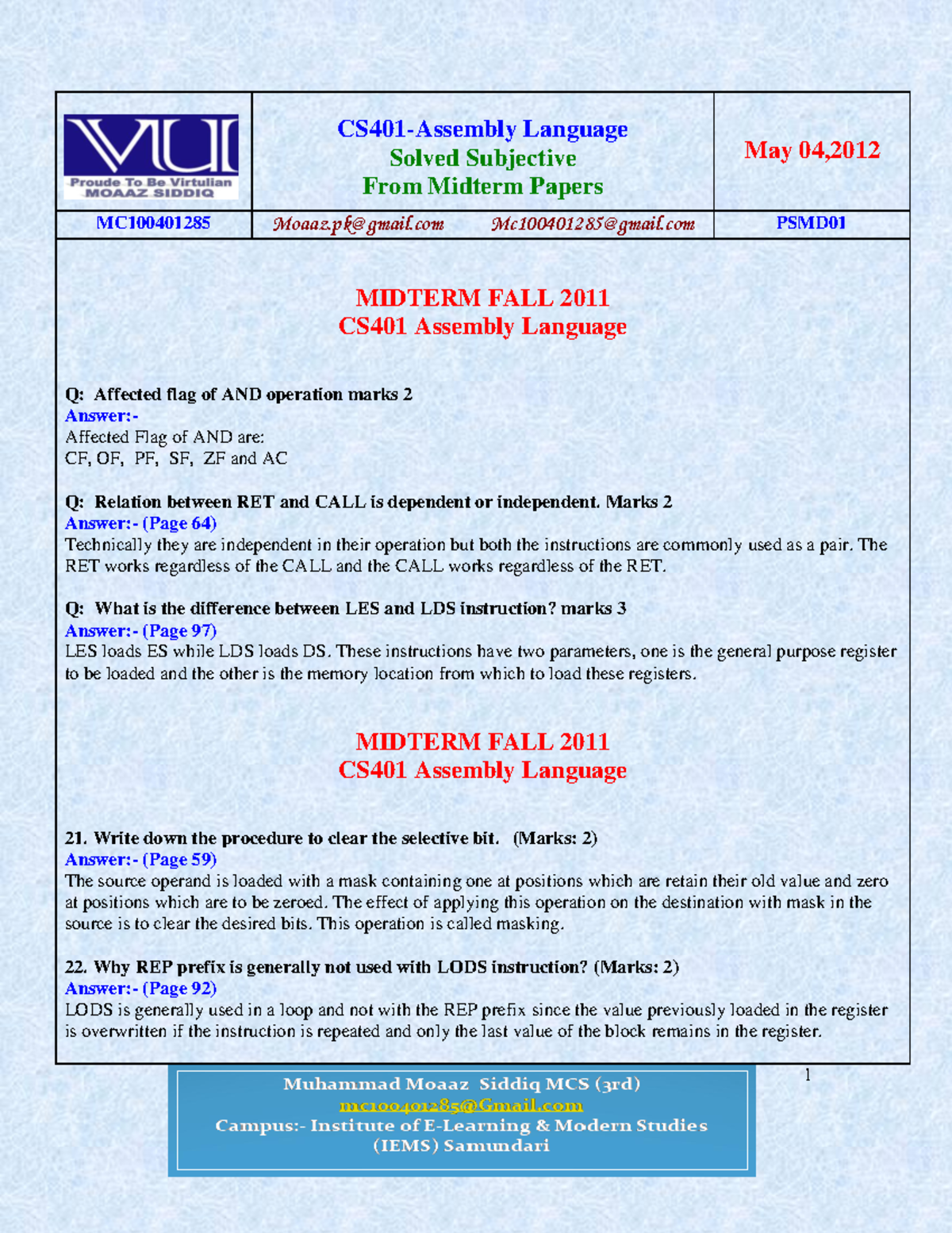 CS401-Midterm Solved Subjective Questions with References by Moaaz ...