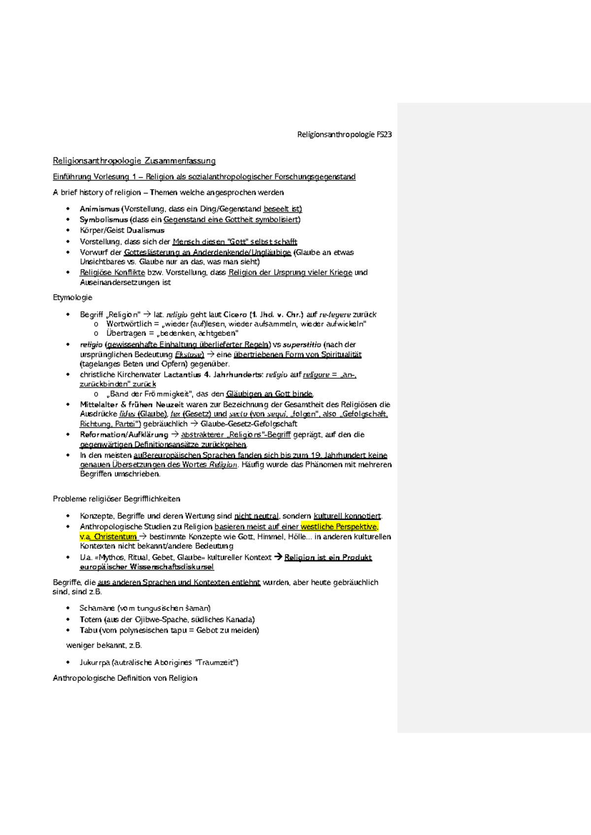 Religionsanthropologie FS23: Zusammenfassung der Vorlesung 1-3 - Studocu