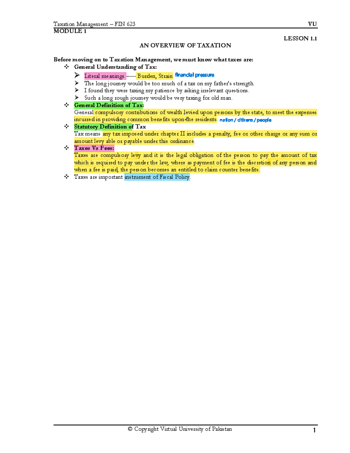 Taxation Management FIN 623 VU Lesson 1.1: Overview of Taxation ...