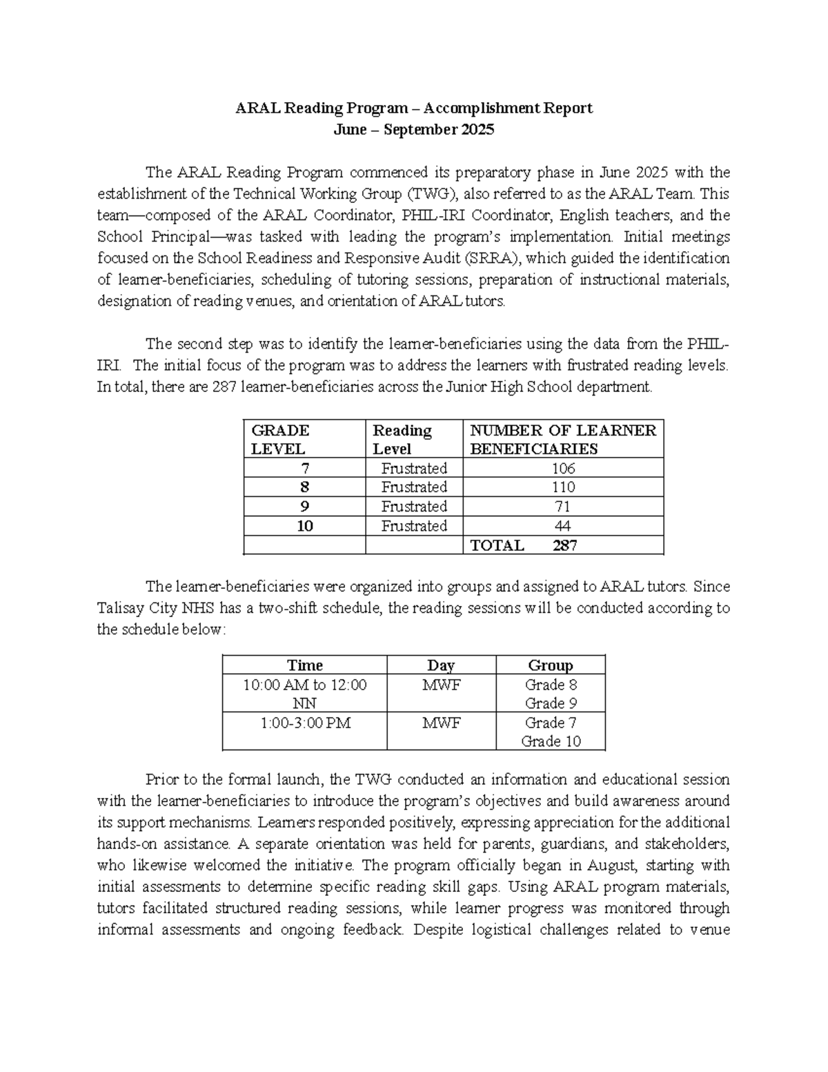 ARAL Reading Program Accomplishment Report: June - September 2025 - Studocu