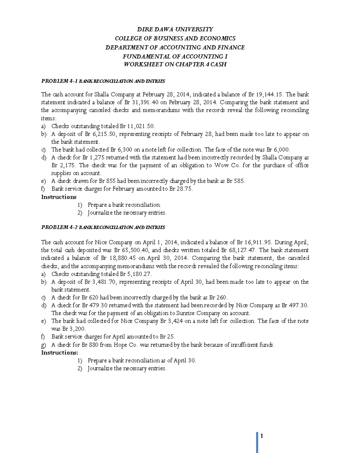 Worksheet on Chapter 4: Cash Problem Bank Reconciliation and Entries ...