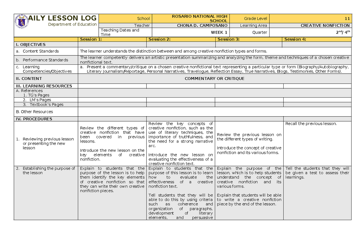 Creative Nonfiction Lesson Plan (Grade 11) - Week 1, Quarter 4 - Studocu