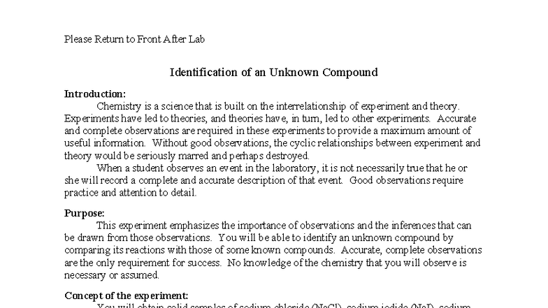 Lab 2: Identification of an Unknown Compound Experiment - Studocu