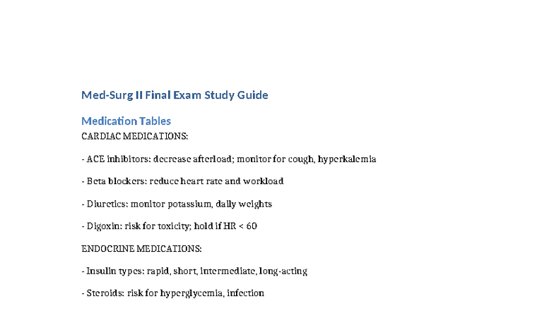 Med Surg II Study Guide - finals - Med-Surg II Final Exam Study Guide ...