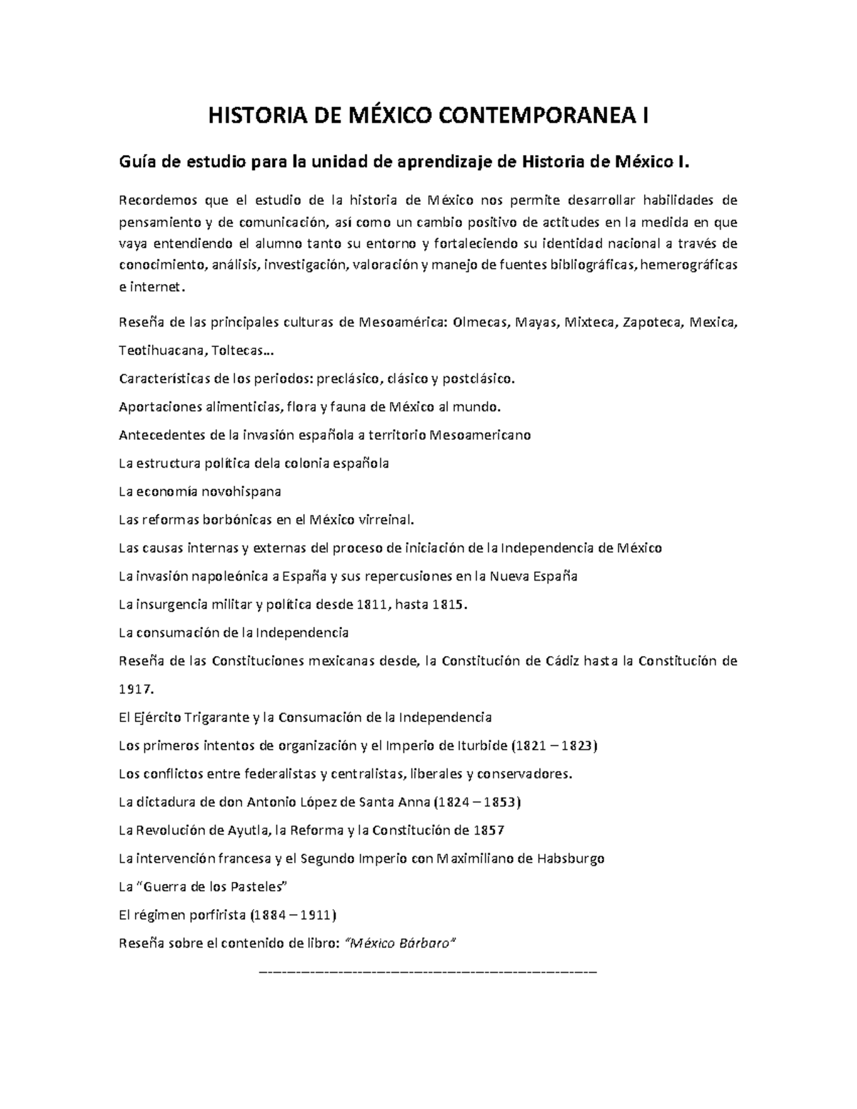 HISTORIA DE MÉXICO I - Guía de Estudio para Examen Final - Studocu