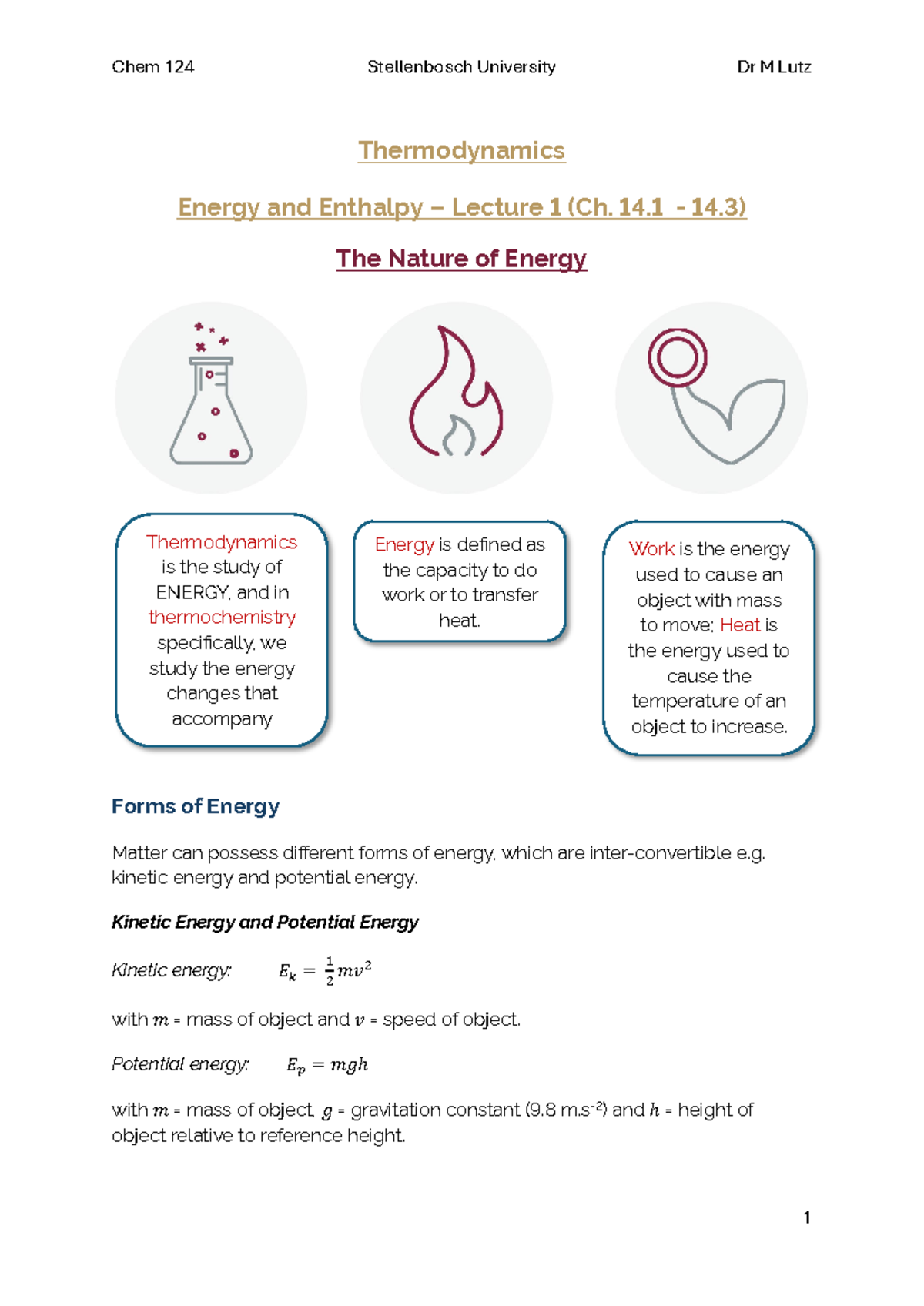 Thermodynamics I - Energy & Enthalpy Lecture 1 Notes (Ch. 14.1-14.3 ...