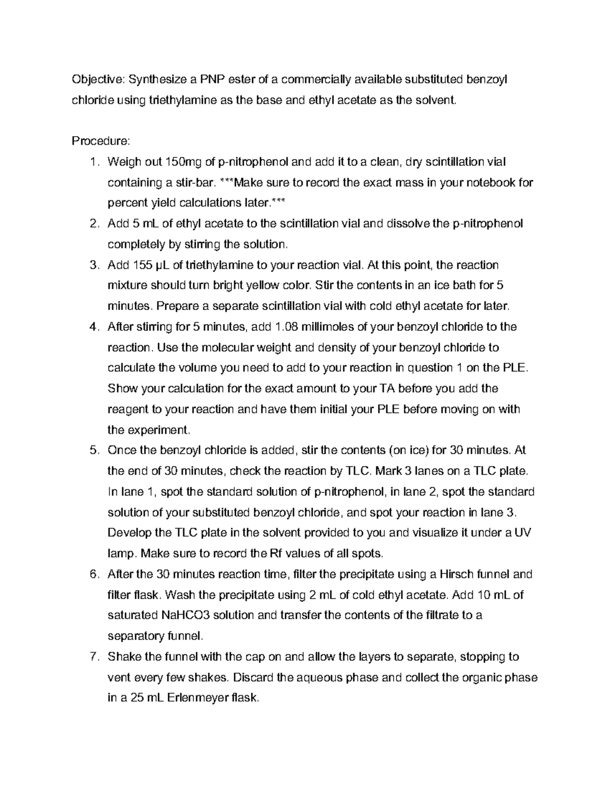 Synthesis Procedure for PNP Esters in Lab Experiment - Studocu