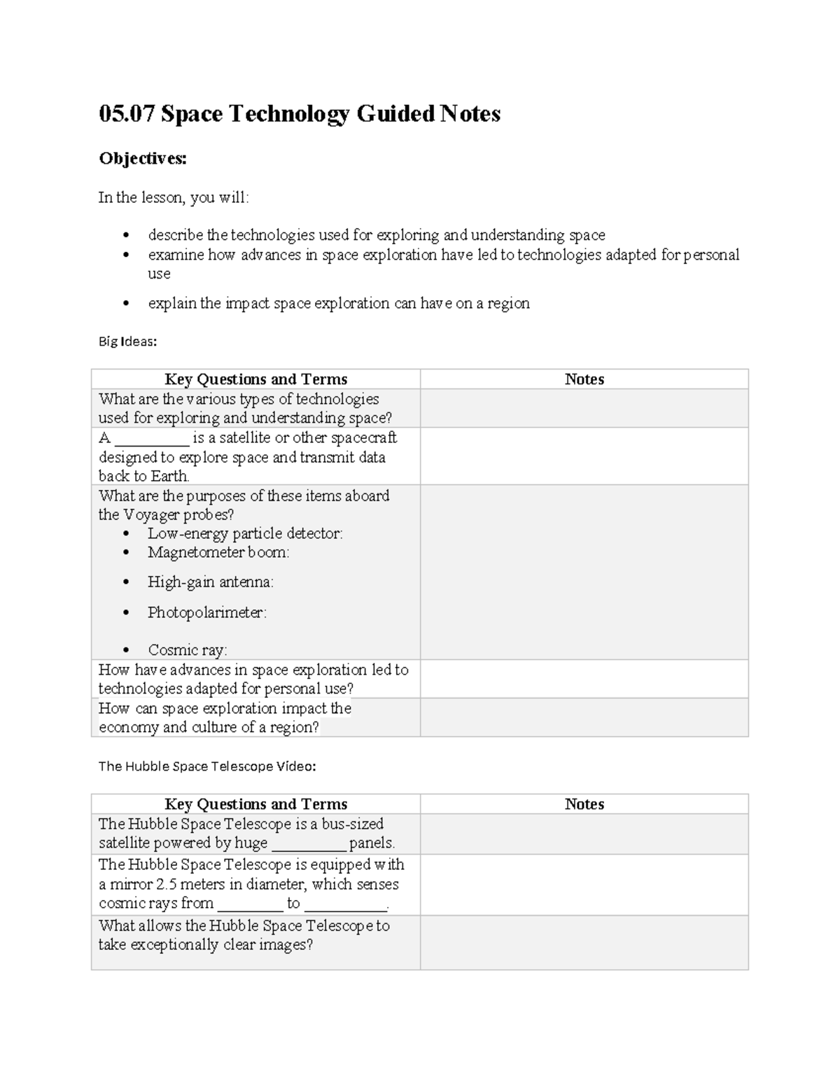 05 07 Guided Notes on Space Technology Exploration and Impact - Studocu