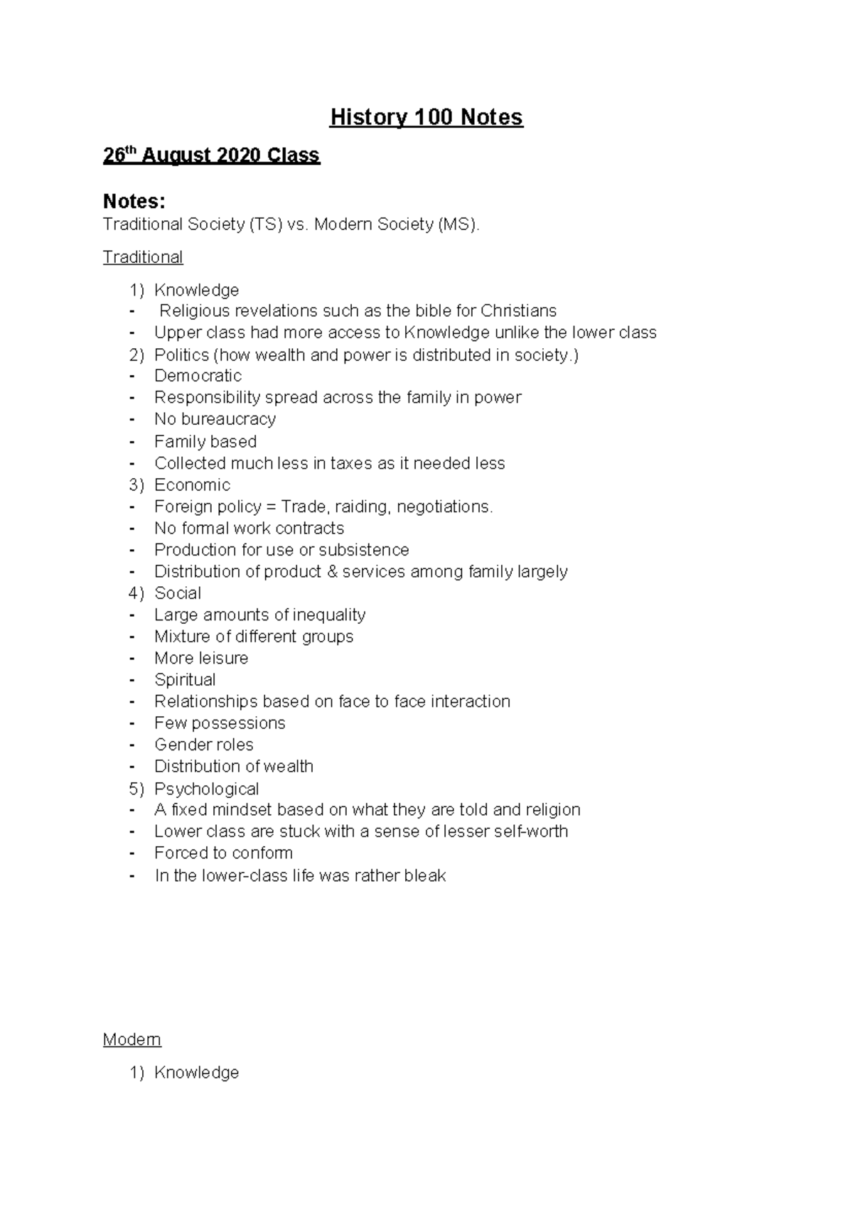 History 100 Notes - History 100 Notes 26 th August 2020 Class Notes ...