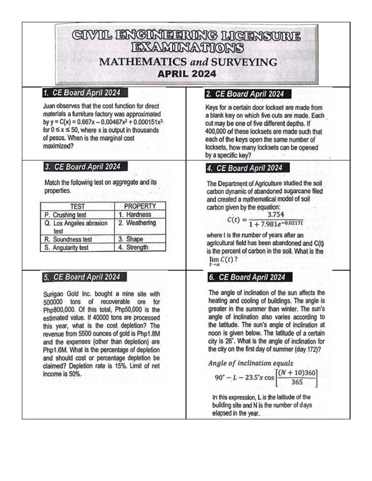 April 2024 CE Board Mathematics and Surveying Exam Questions - Studocu