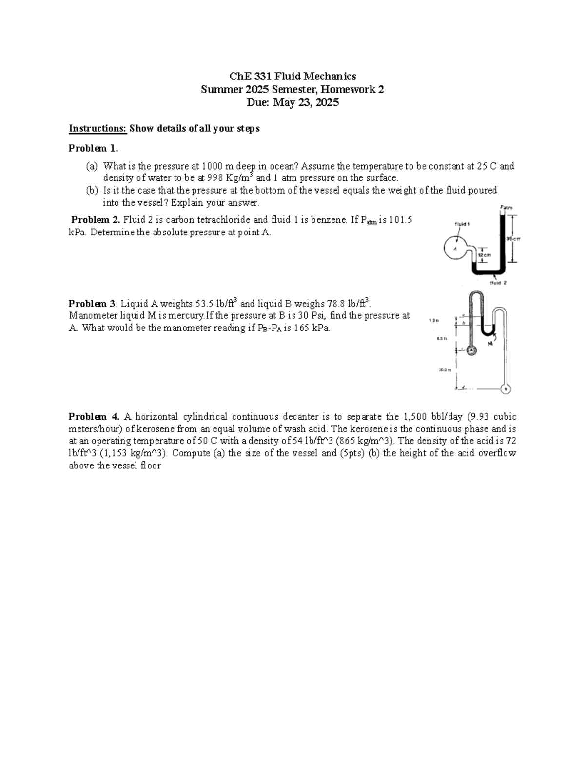 ChE 331 Summer 2025 Homework 2: Fluid Mechanics Problem Set - Studocu