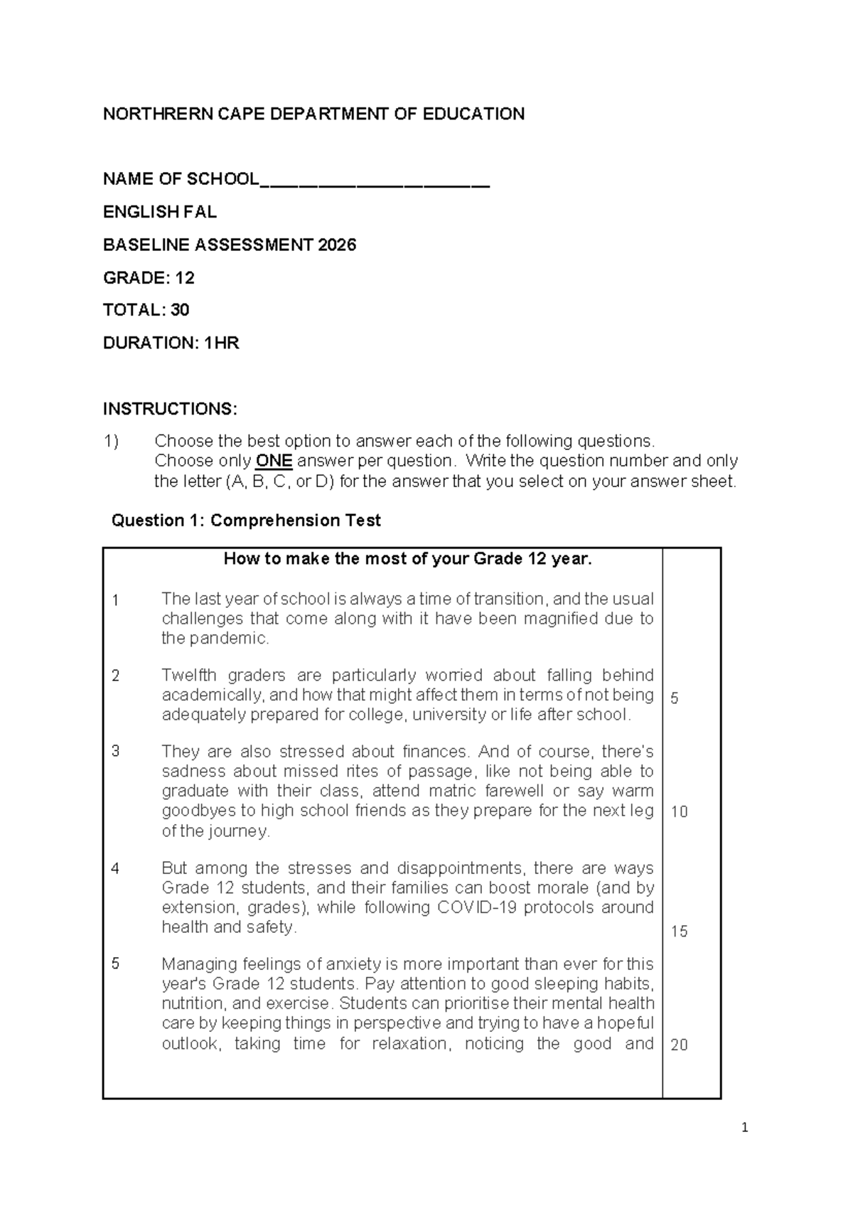 English FAL Grade 12 Baseline Assessment 2026: Comprehension & Visual ...