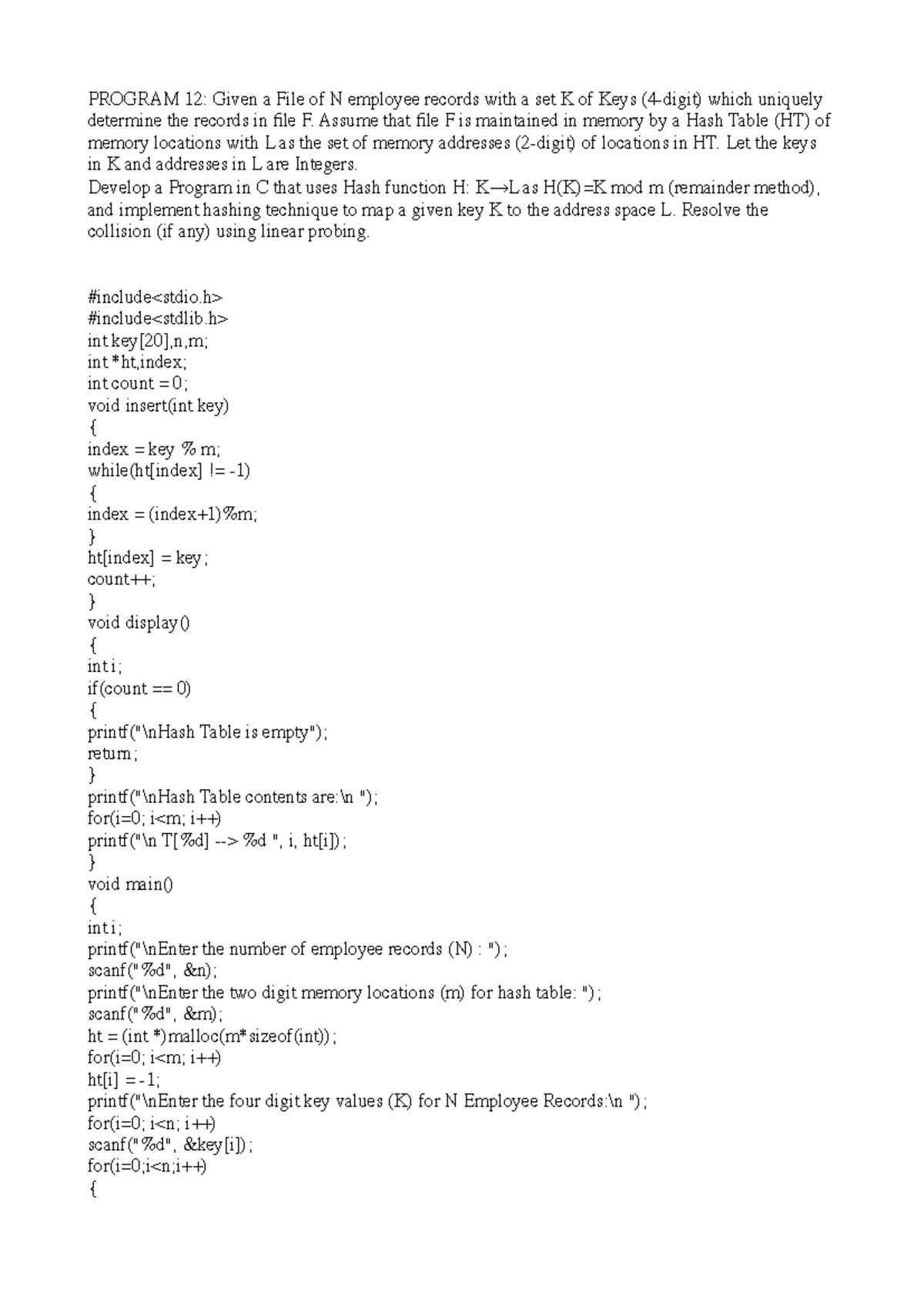C Program 12: Hash Table Implementation with Linear Probing - Studocu