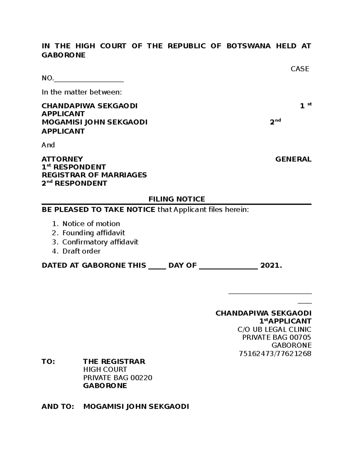 Chandapiwa Notice of Motion & Founding Affidavit - High Court Case ...
