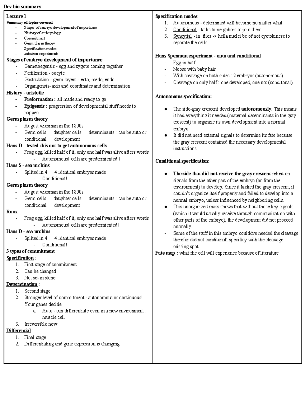 Dev bio summary - Dev bio summary Lecture 1 Summary of topics covered ...